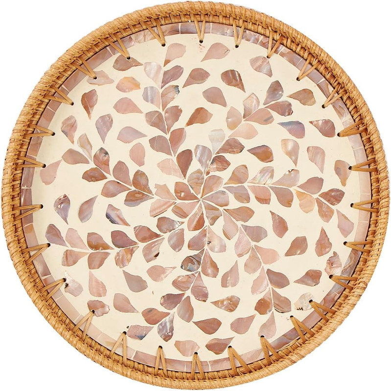 Bayou Breeze Round Rattan Tray with Mother of Pearl Inlay, Rattan ...