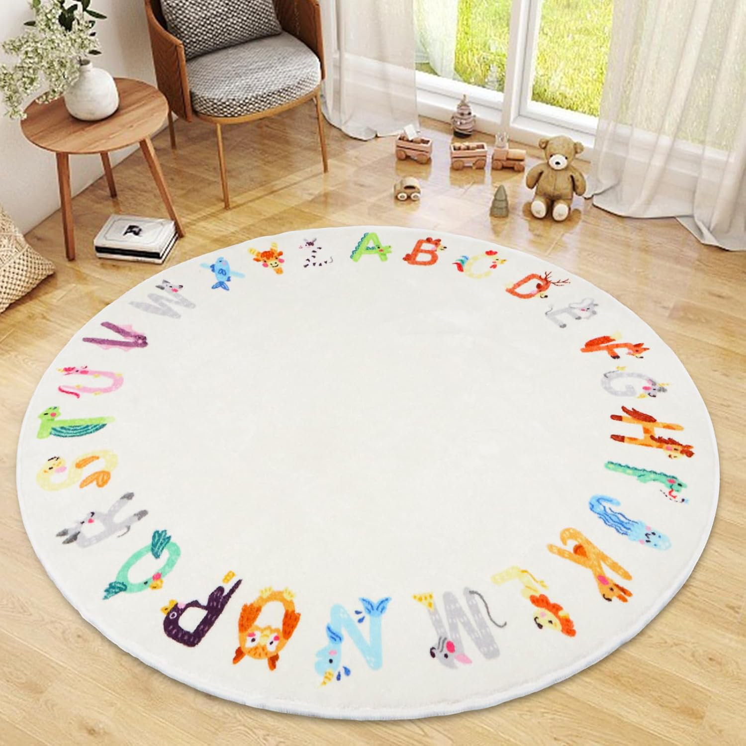 WINUAL Round ABC Kids Rug,4 Ft Animal Alphabet Playroom Rug,Washable ...