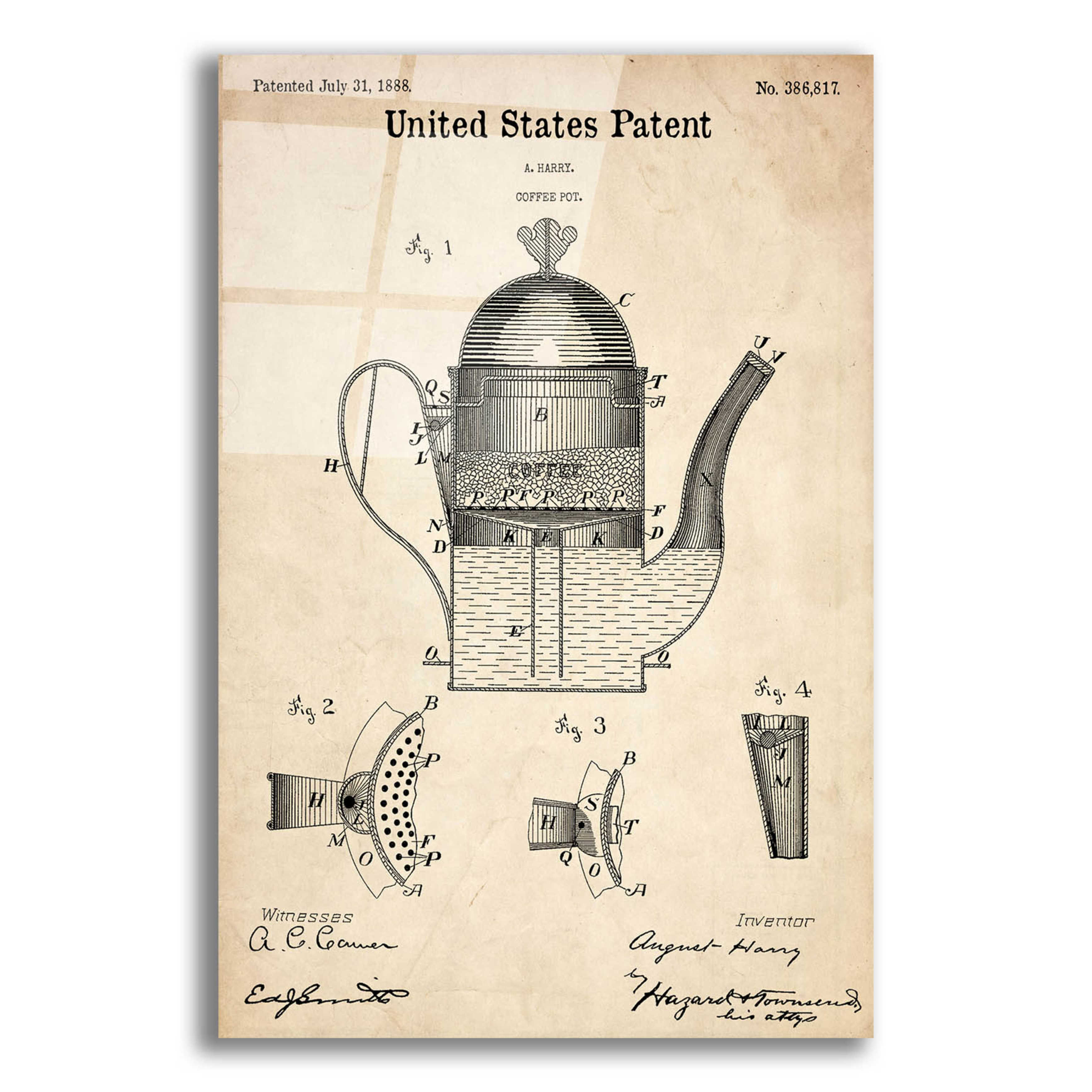 Williston Forge 'Coffee Pot Blueprint Patent Parchment,' Acrylic Glass ...