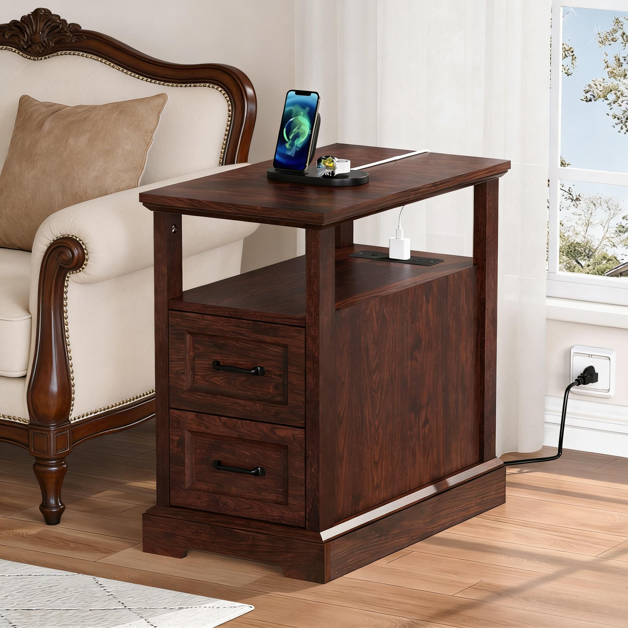 Gracie Oaks Kadric 2-Drawer Farmhouse End Table With Built-In Outlets ...