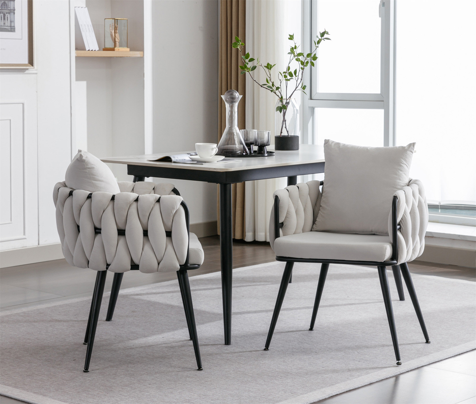 Mercer41 Pure Ivory Modern Velvet Dining Chairs Set Of 2 Hand Weaving ...