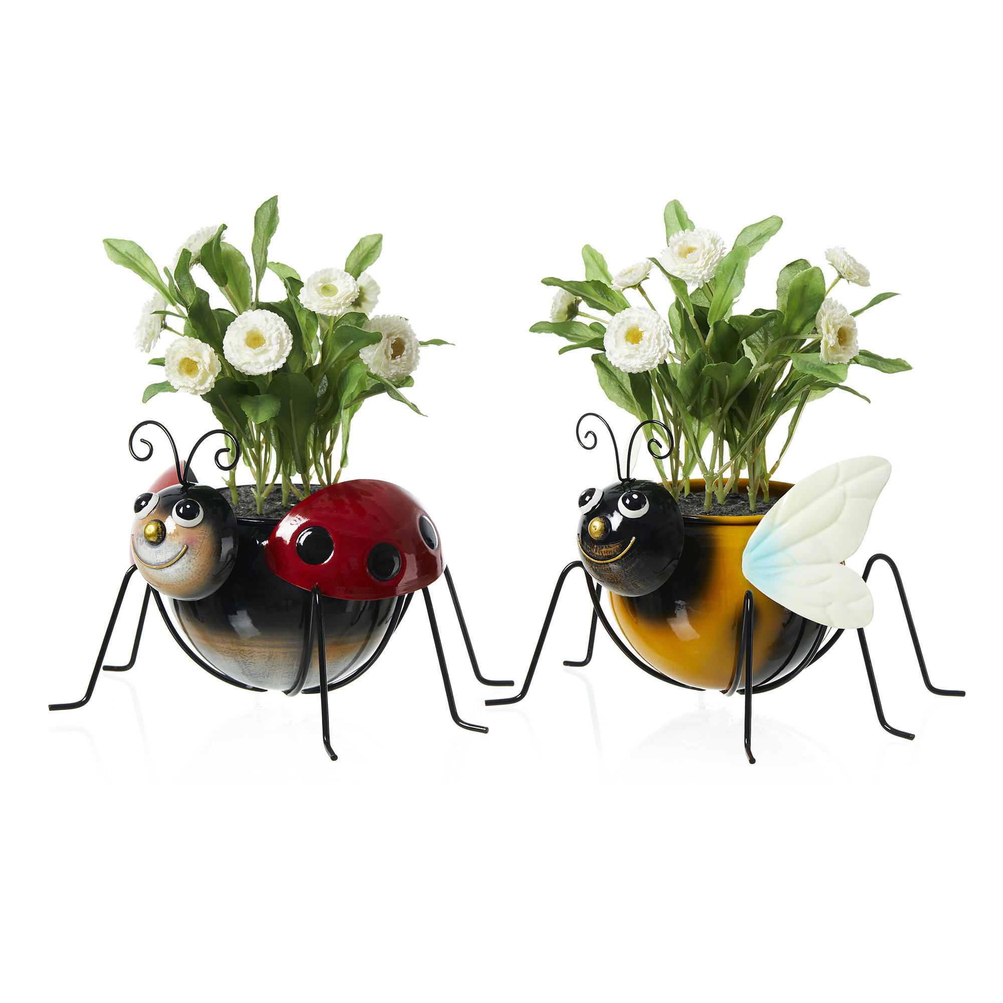Gracie Oaks 10"W Set Of 2 Metal Bee And Ladybug Metal Staute Planter ...