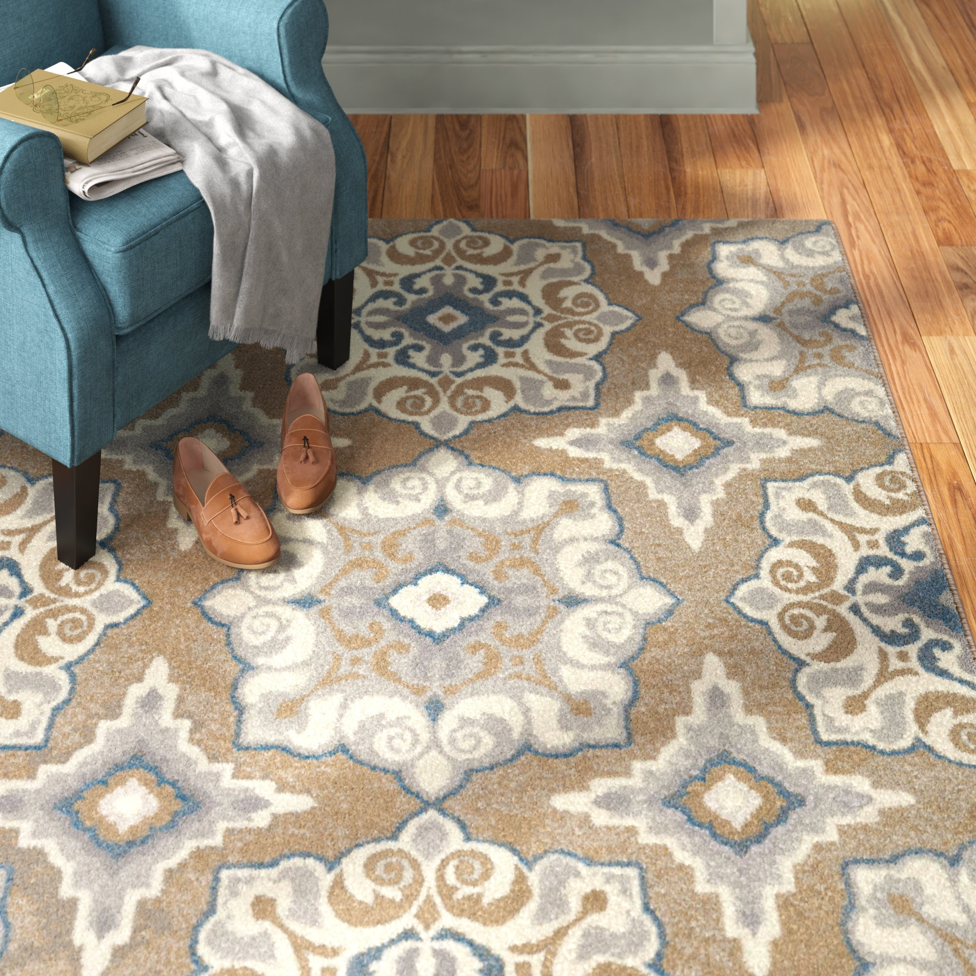 Andover Mills™ Mountview Geometric Cerulean Blue/Taupe/Ivory Area Rug ...
