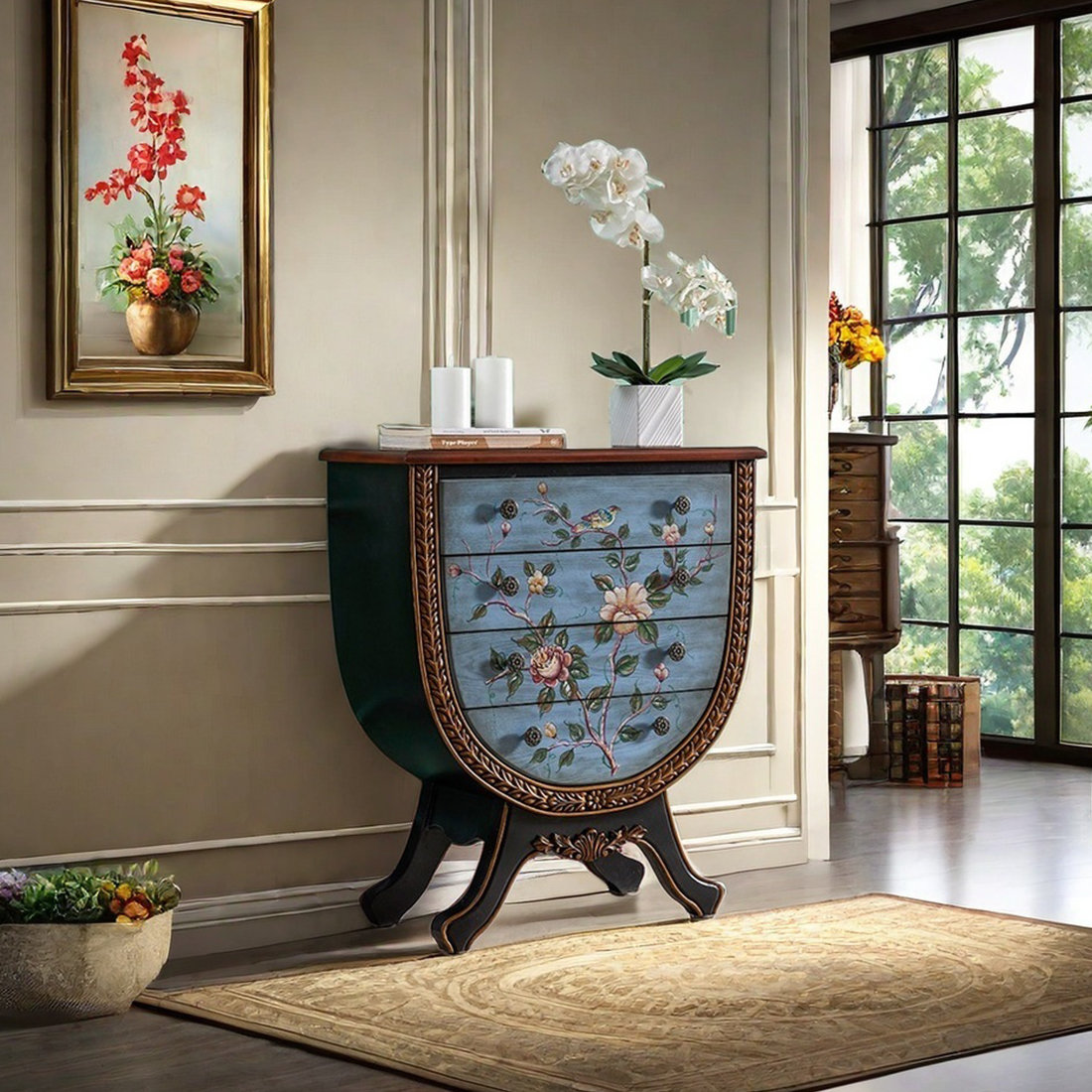 Ruthber Solutions Hand-painted 4-Drawer Cabinet with Carved Design ...