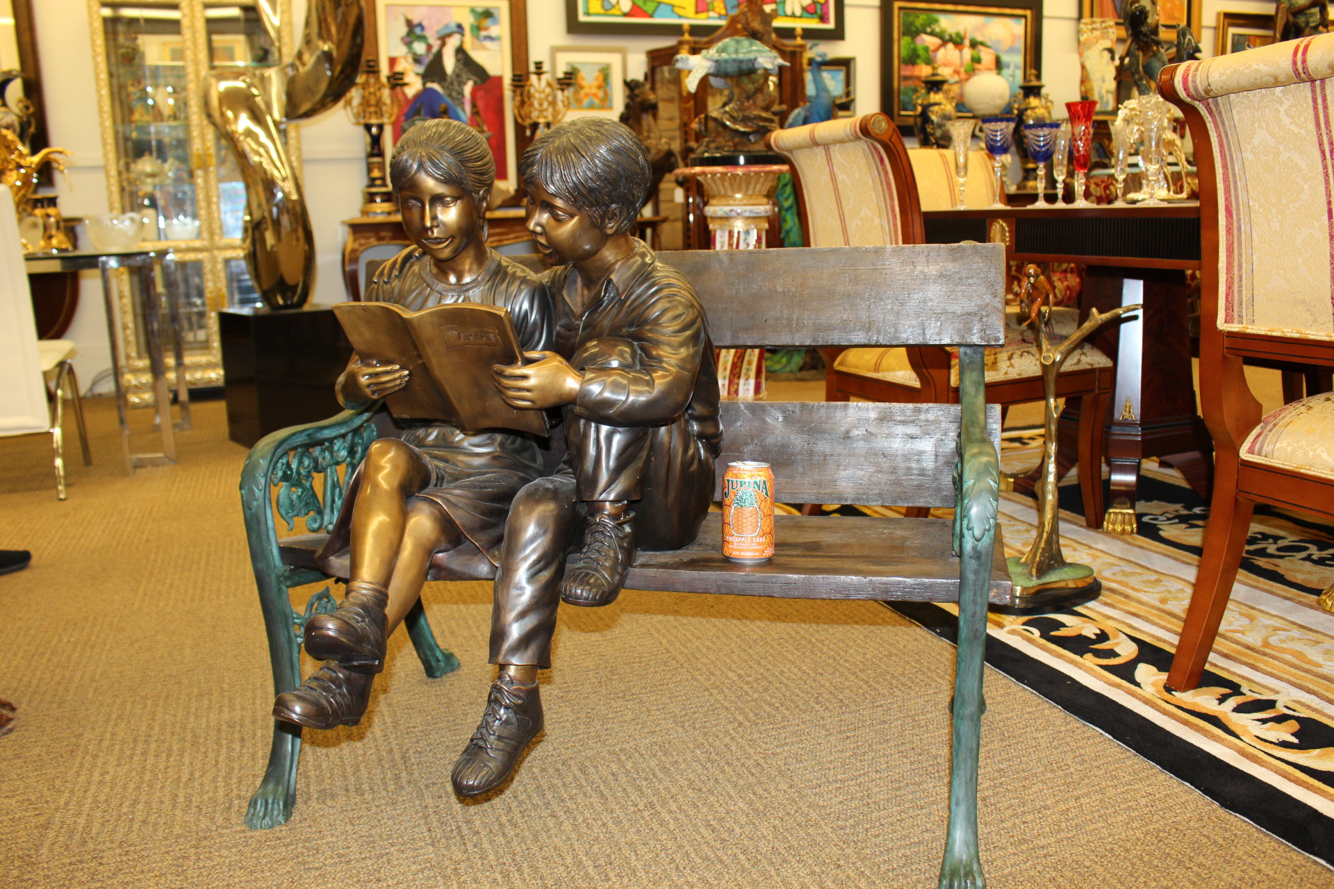 Nifao Statues Kids Reading a Book on a Bench Bronze Statue - Size: 23"L ...