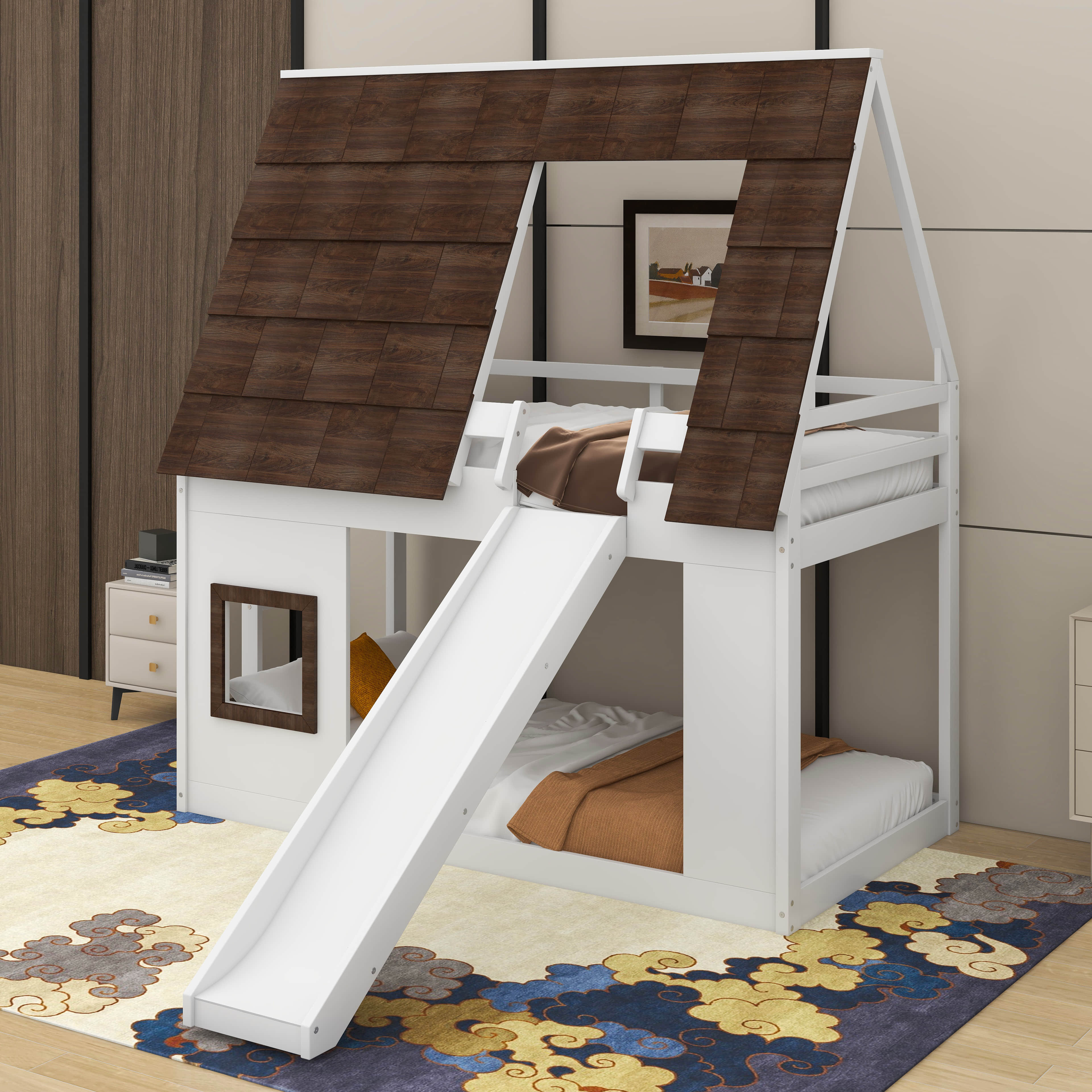 Harper Orchard Aaralynn Wood Twin Size House Bunk Bed with Roof, Ladder ...