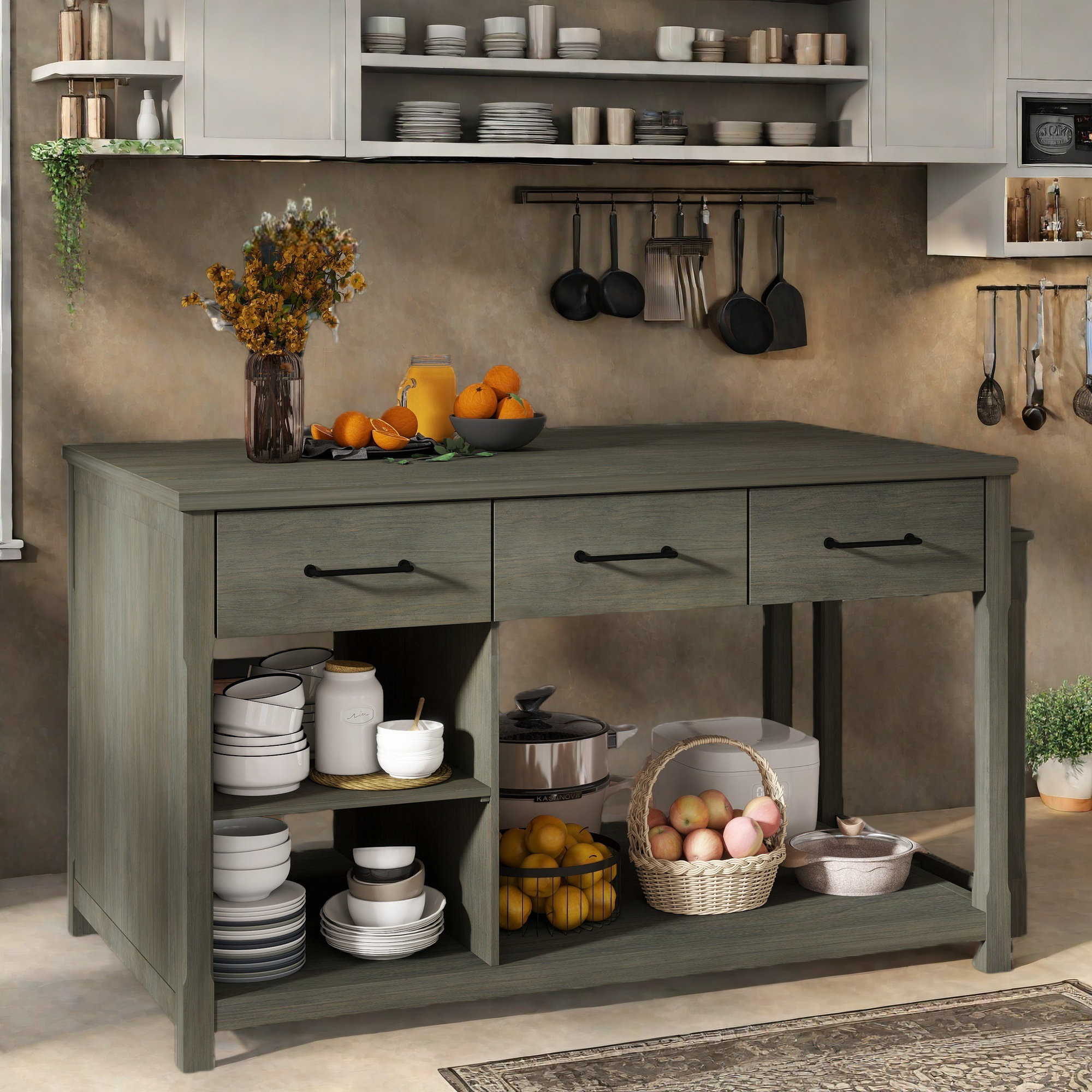 Loon Peak® Retro Extendable Kitchen Island On Wheels With Built-in ...