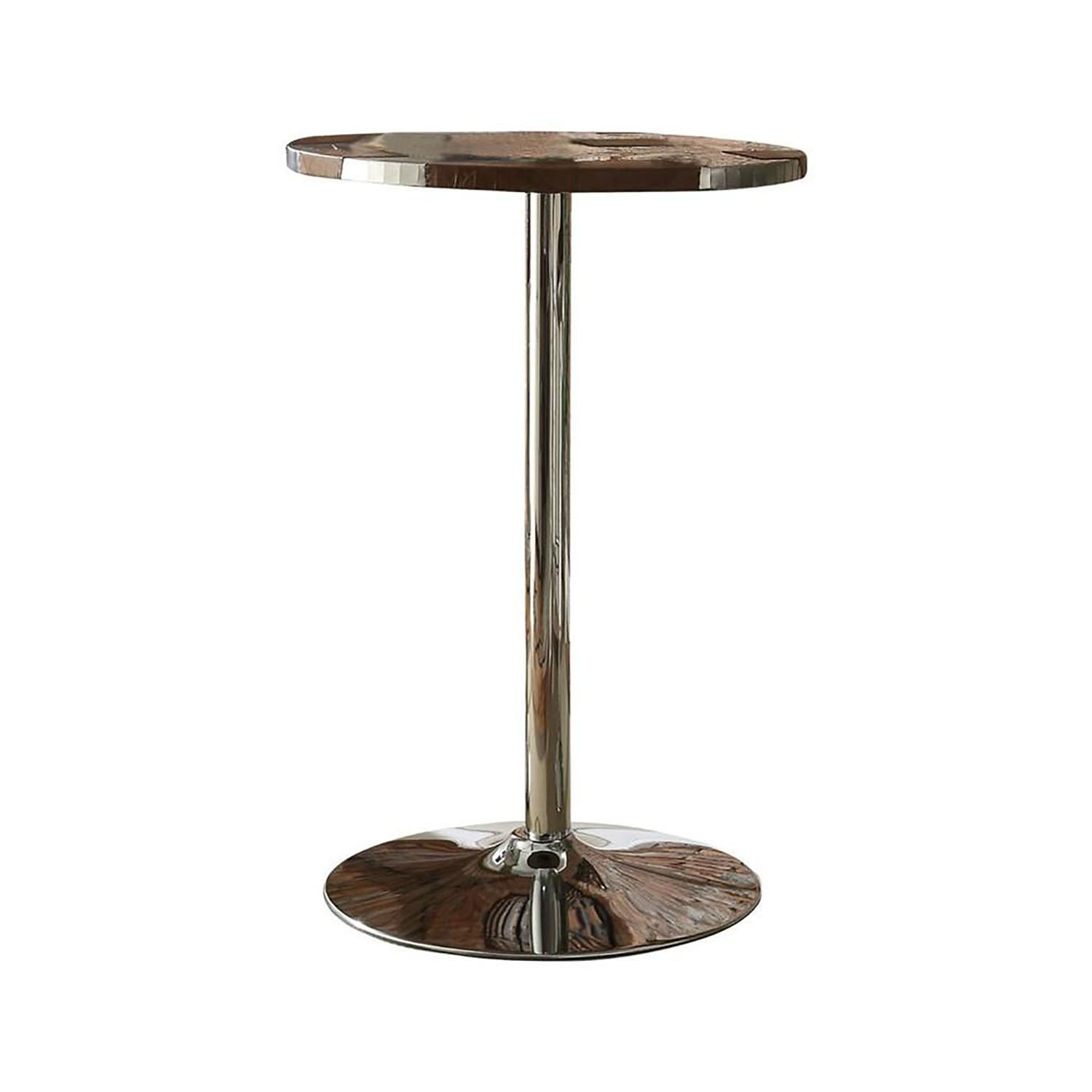 Orren Ellis Pedestal Round Shape Bar Table In Retro Brown And Aluminum ...