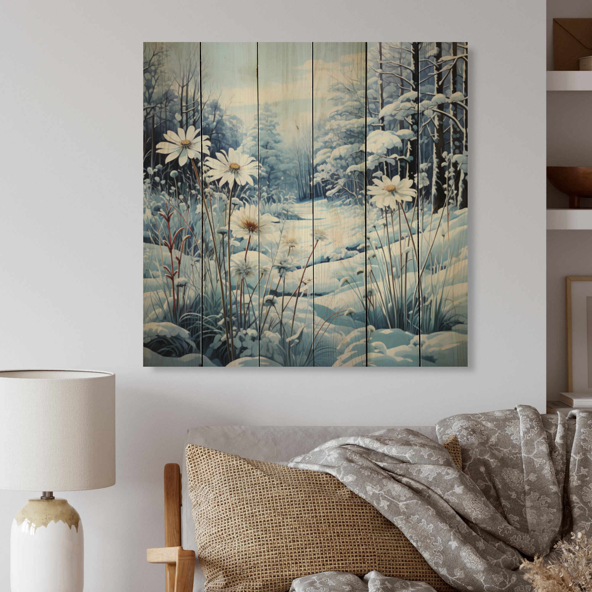 Red Barrel Studio® Jabree Glacier Ice Blue Flowers On Wood Print | Wayfair