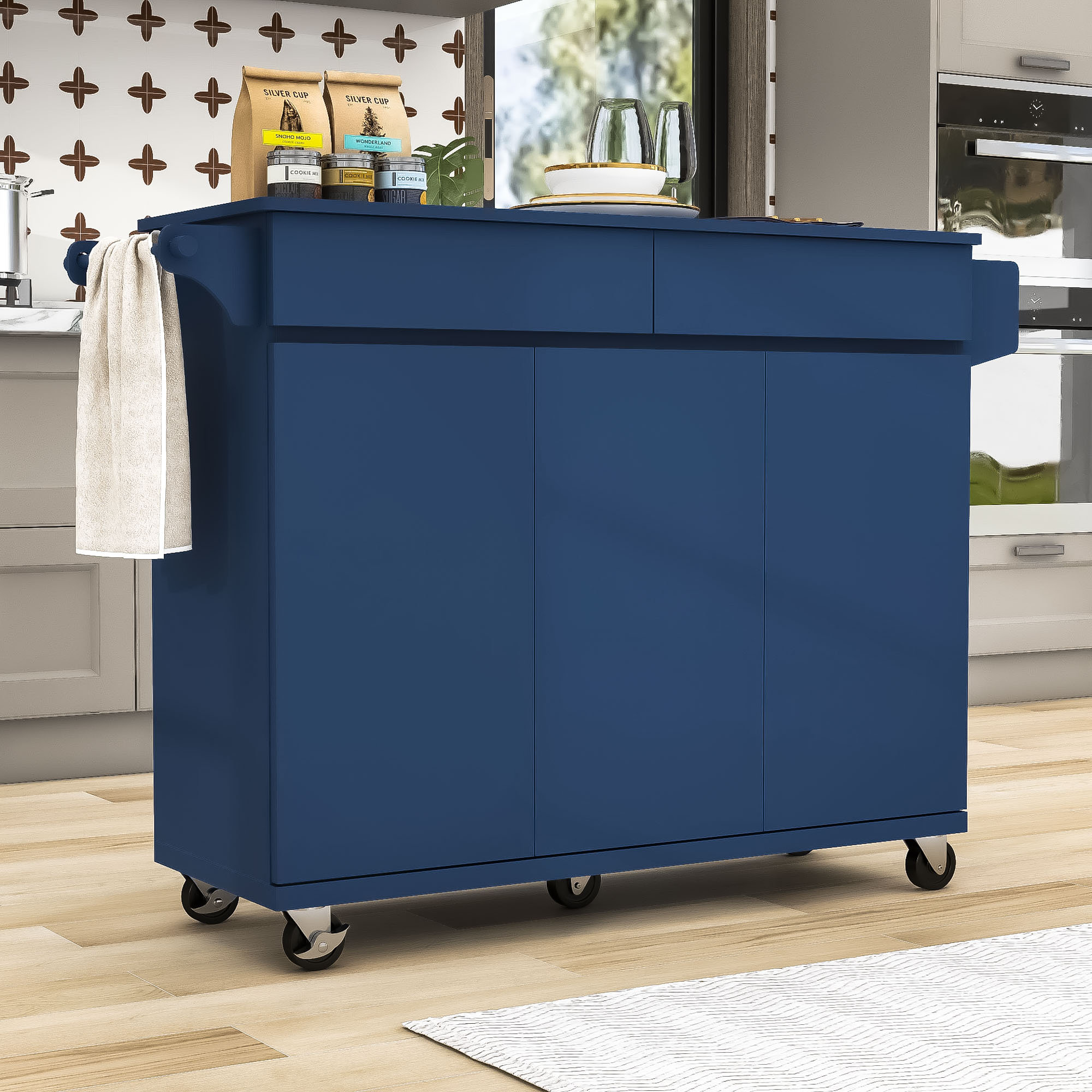 Lark Manor Kitchen Island with Drop Leaf, Rolling Cart with Towel Racks ...