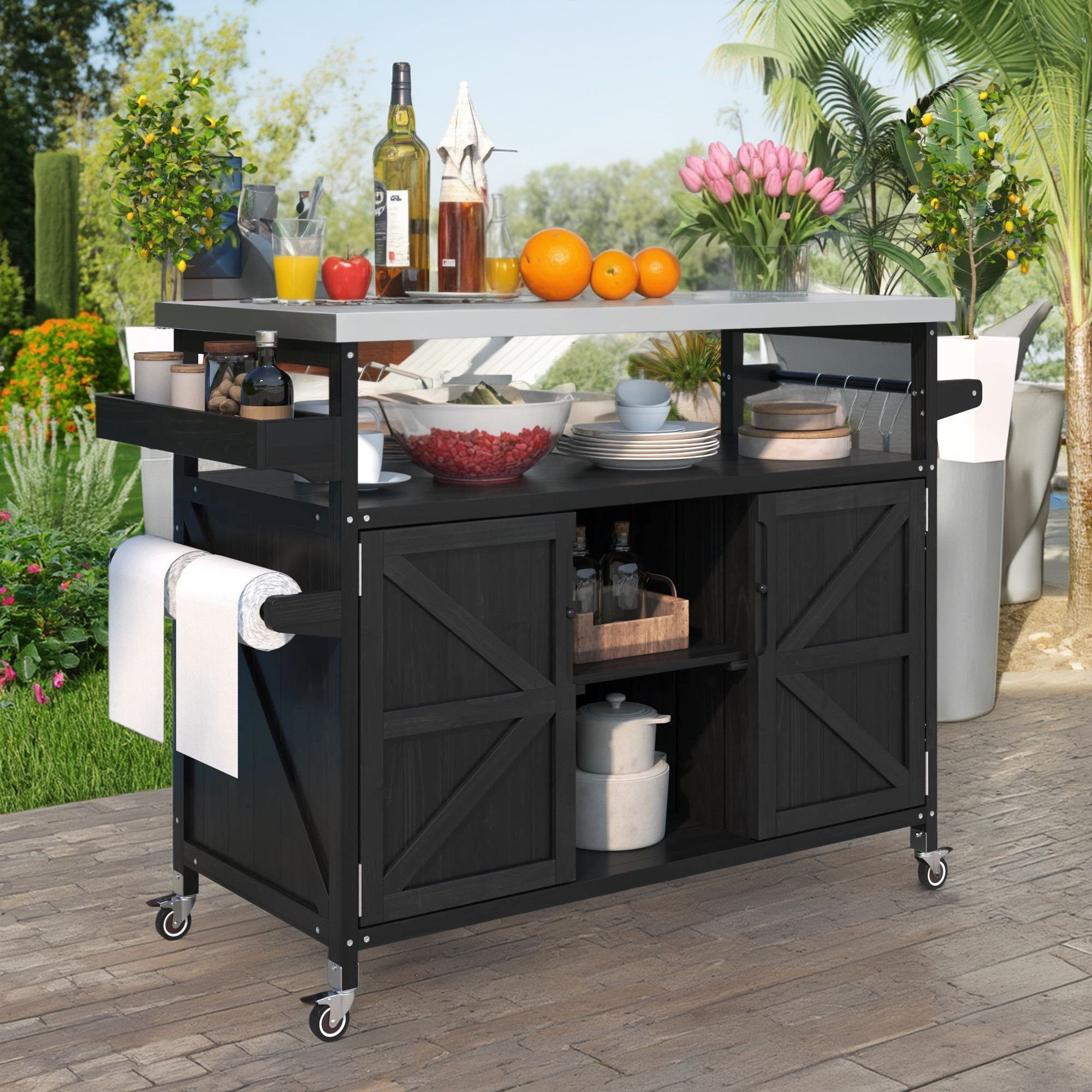 Gracie Oaks K&K Black Outdoor Kitchen Island With Rolling Bar Cart And ...