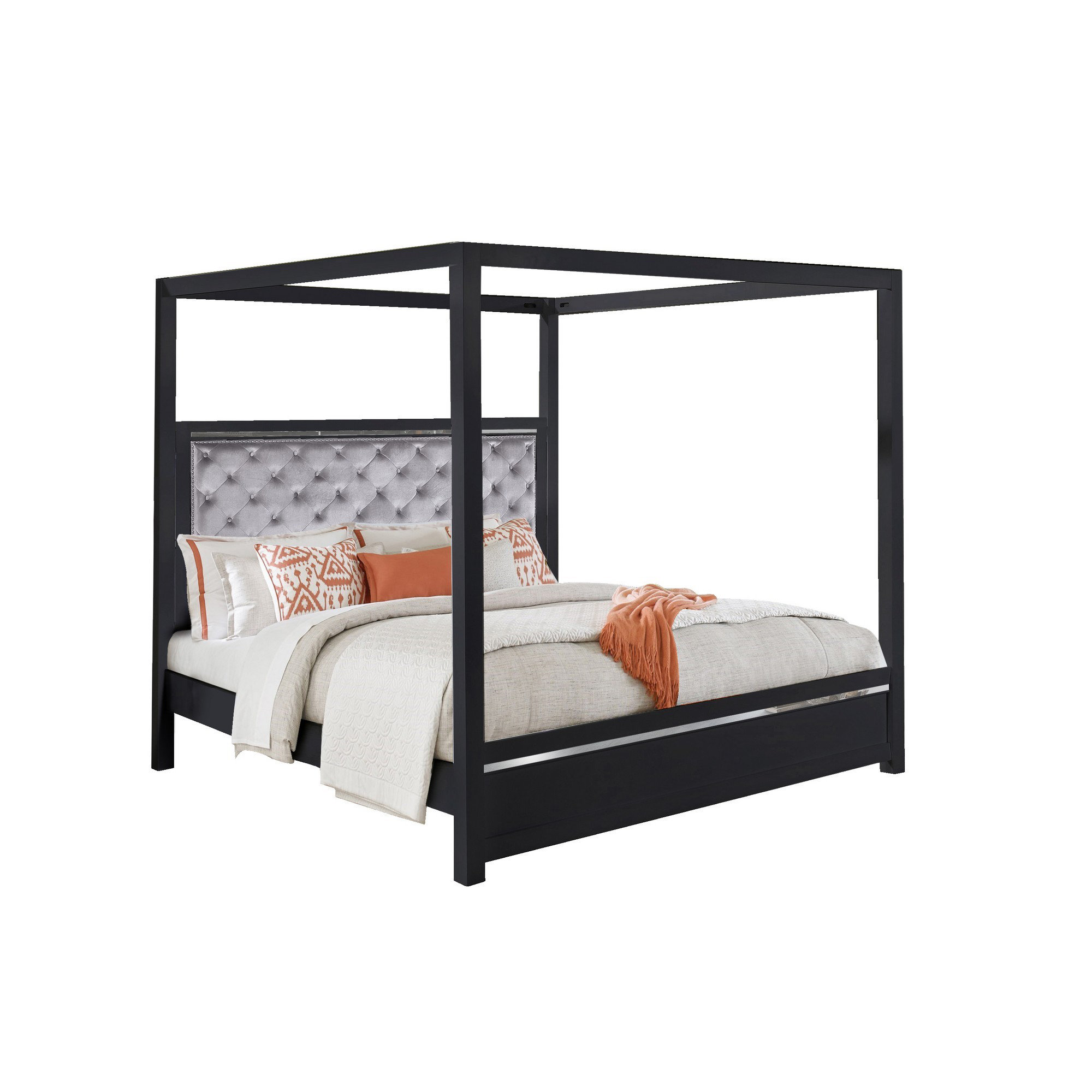 Mercer41 Abrie Solid Wood Canopy Queen Bed, Button Tufted, Touch LED ...