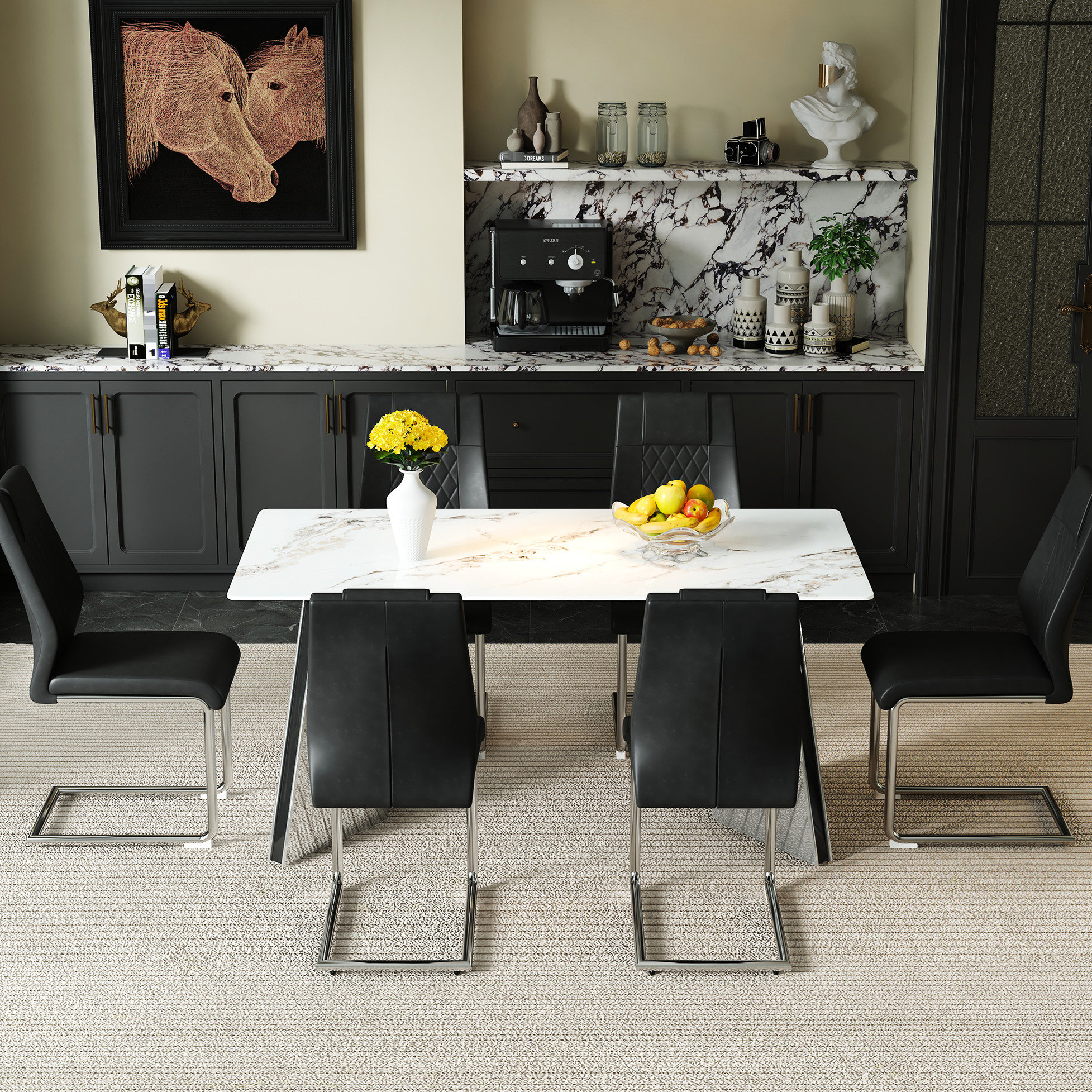 Ivy Bronx Luxurious Cold Sintered Stone Table And Chair For 6 - Fine ...