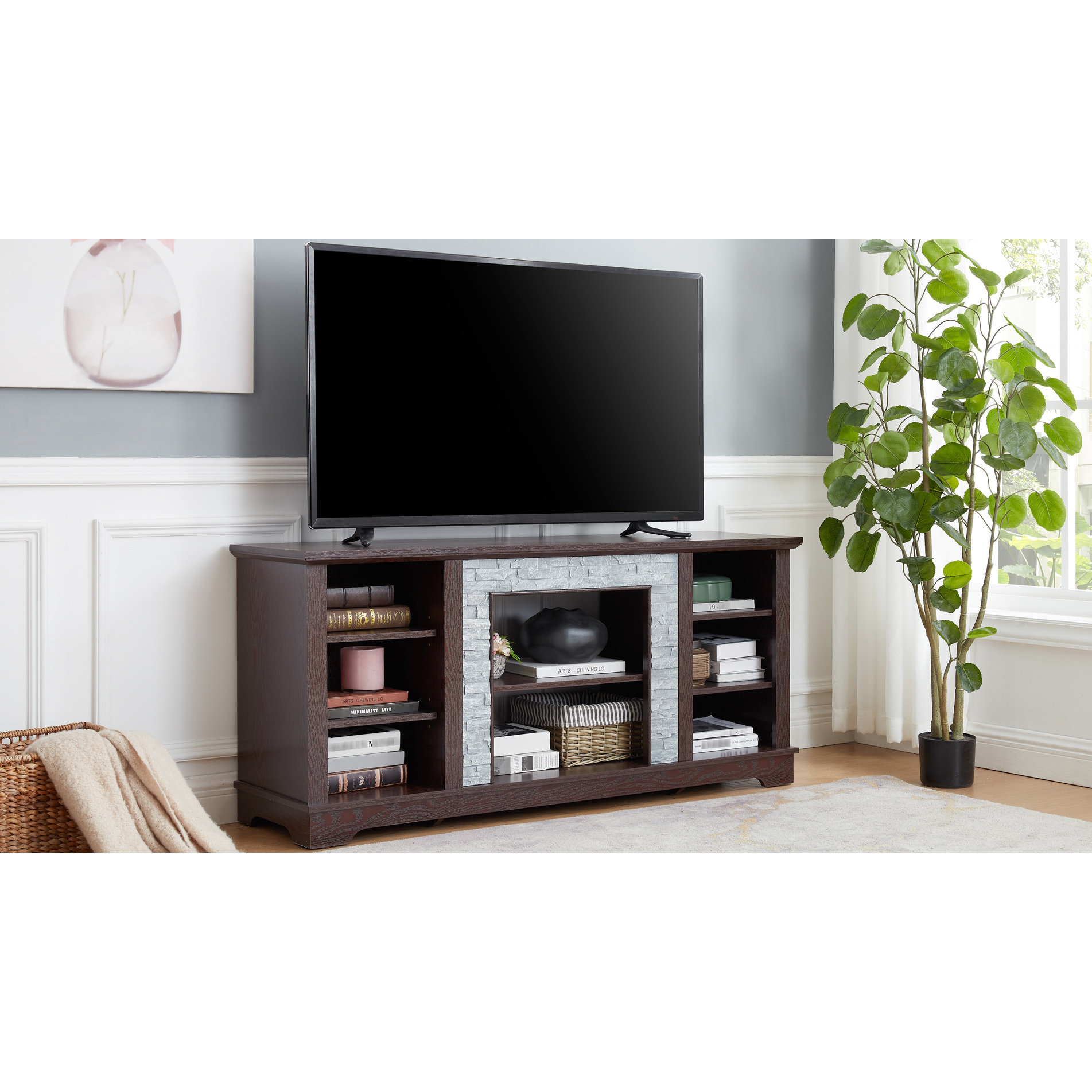Ophelia & Co. Modern Tv Media Holder With Doors, Faux Stacked Stone ...