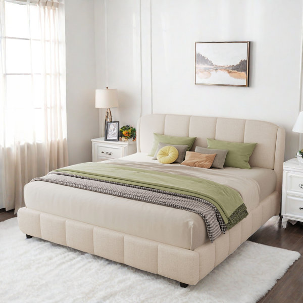 finessefurs Upholstered Platform Bed With Curve-shaped Design Headboard ...
