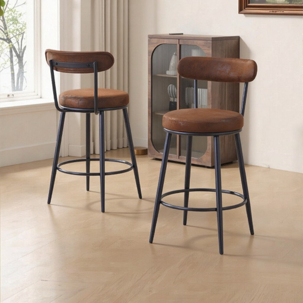 17 Stories Brown Tech-Fabric Bar Stool Set - Ergonomic Back & Black ...