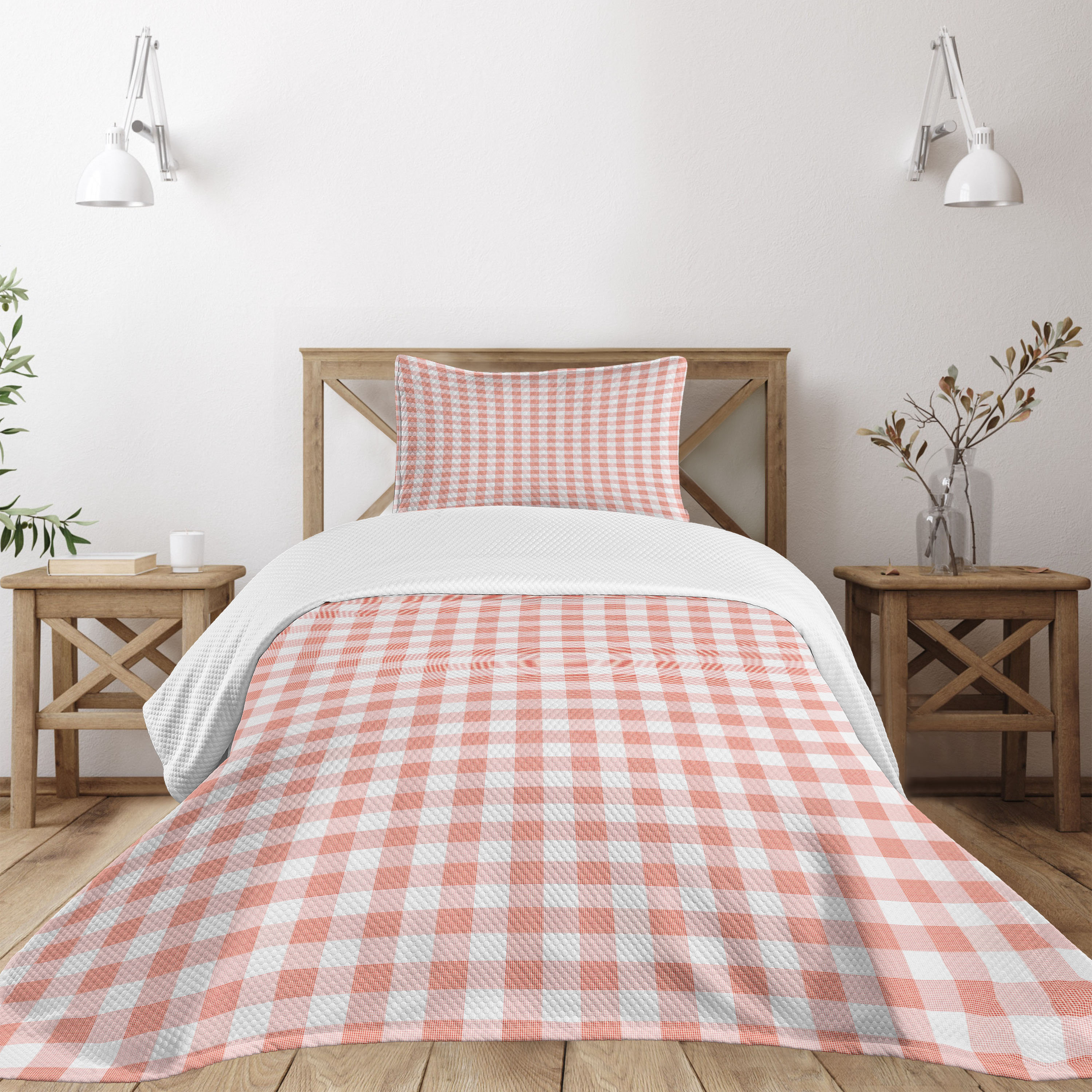 Ambesonne Checkered Bedspread Set Countryside Picnic Pale Peach and ...