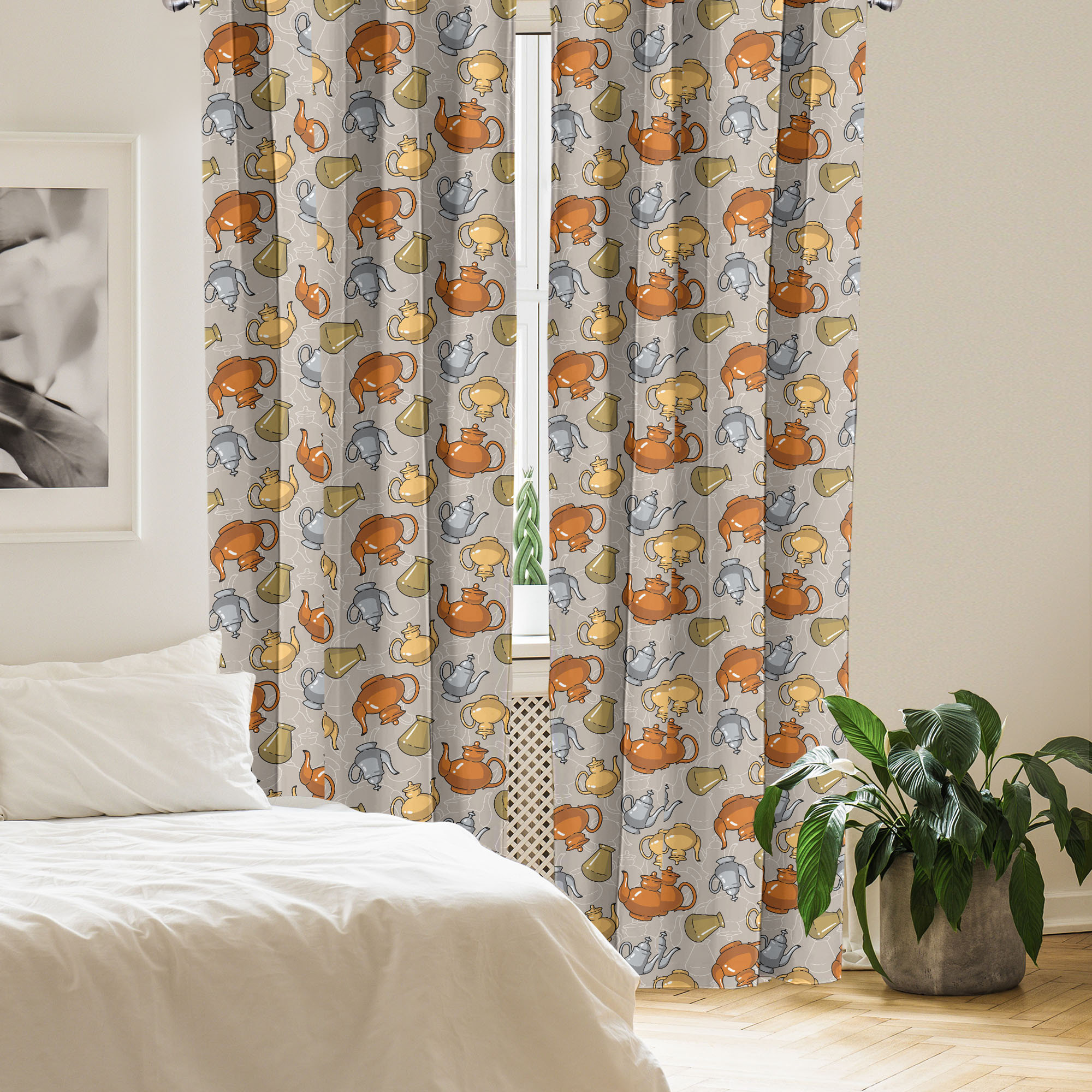 East Urban Home Tea Party 4-Panel Curtains, Muted Tones Teapots Art ...
