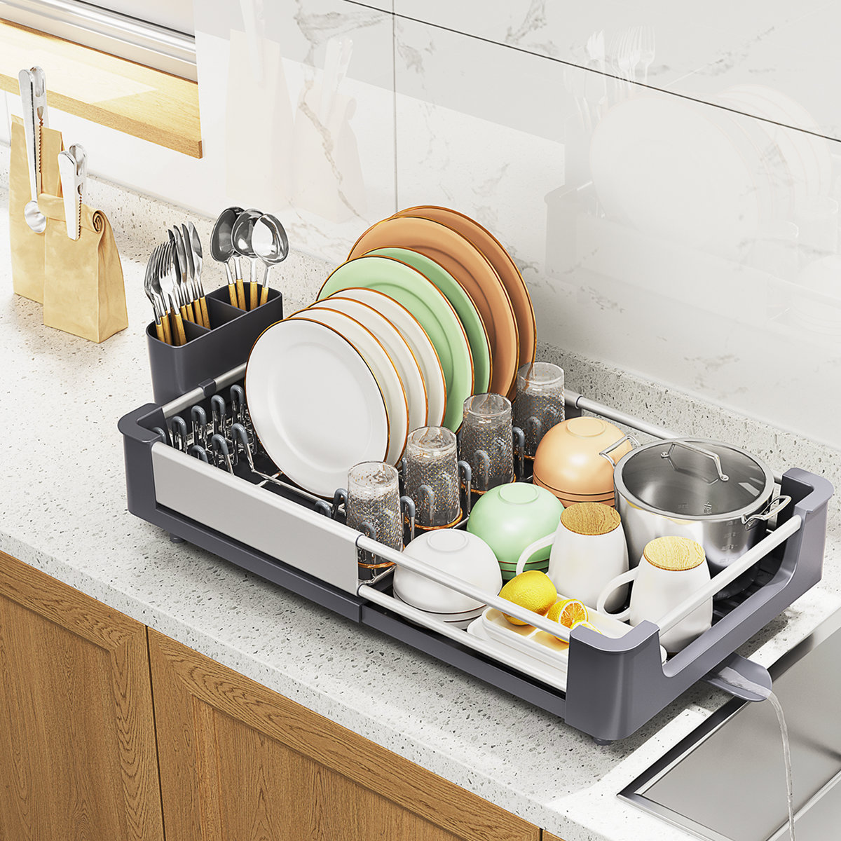 KINGRACK Adjustable Stainless Steel Kitchen Dish Rack, Extendable Dish ...