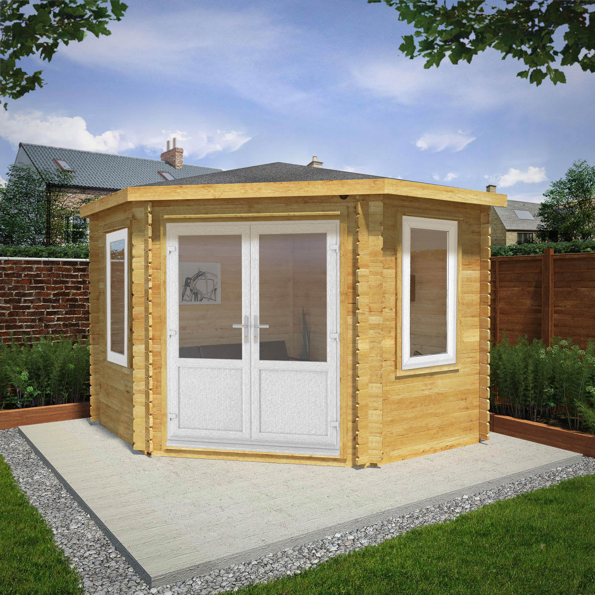 Mercia Garden Products 10ft x 10ft Corner Cabin UPVC Windows & Doors ...