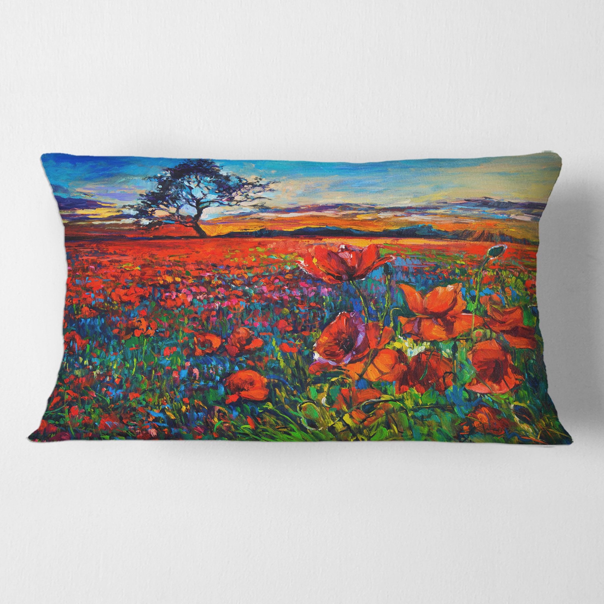 Design Art Blossoming Poppy Fields with Distant Tree Rectangular Pillow ...