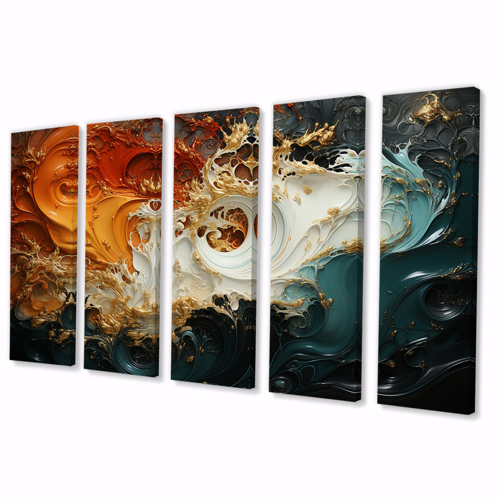 Mercer41 Orange And Emerald Marble Lava VI - Abstract Painting 5 Piece ...