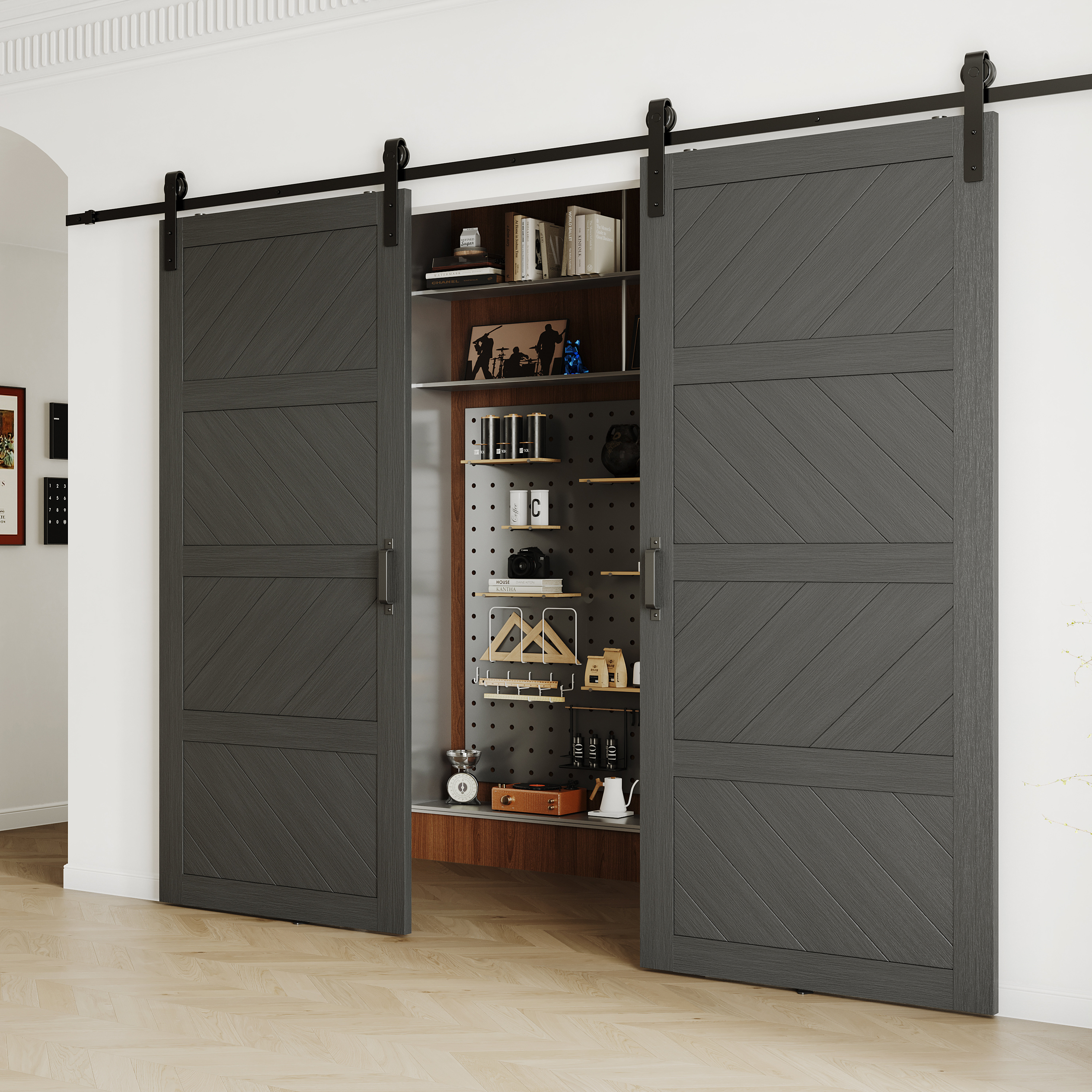 DOOOLI Sliding Barn Door - 4 Panel Chevron Design Solid Wood Black ...