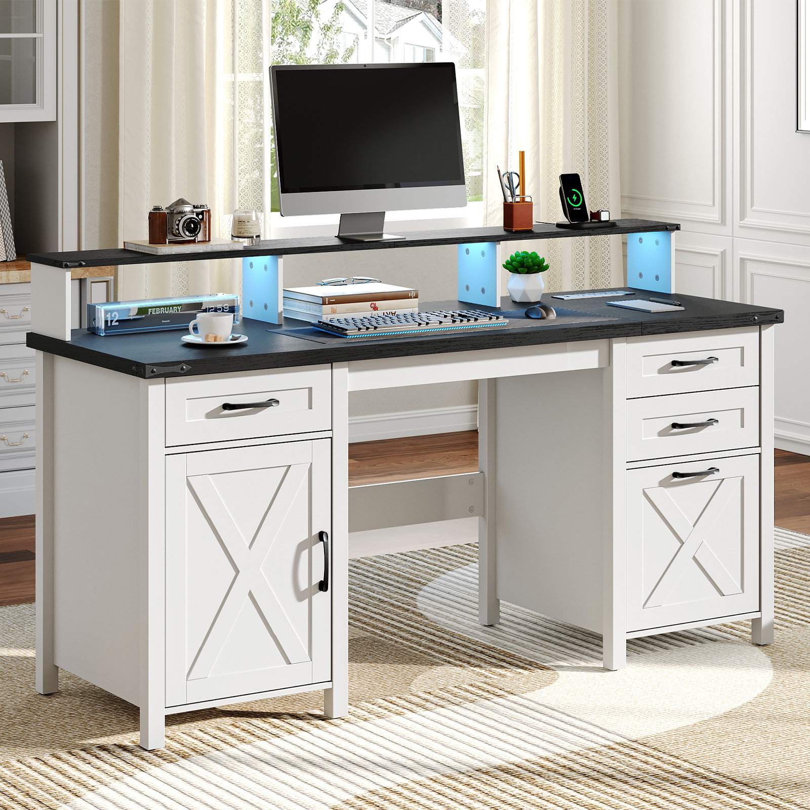 Gracie Oaks Farmhouse Computer Desk with Charging Station & LED Light ...