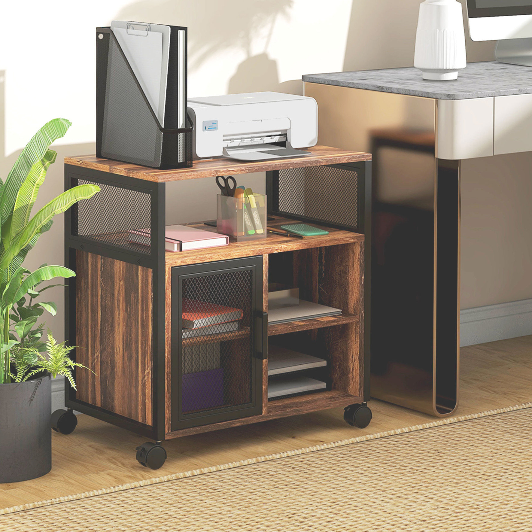 17 Stories Rustic Brown Printer Desk With Power Ports. Organize Office ...