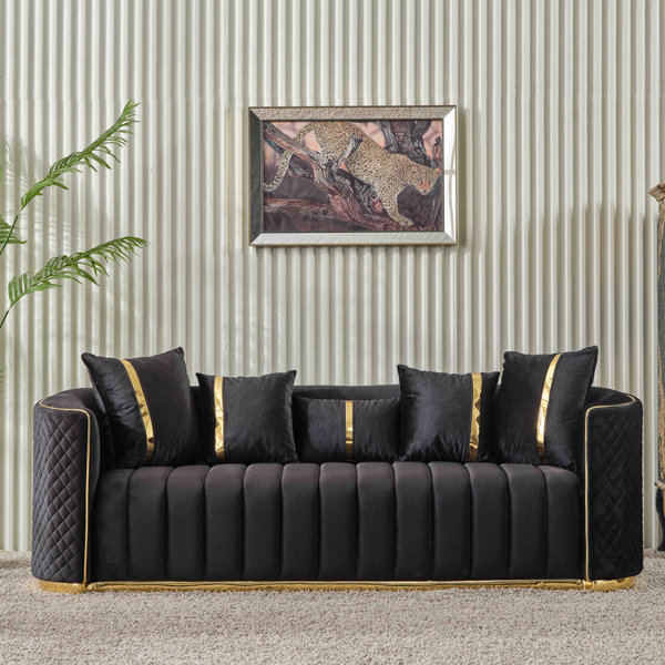 Everly Quinn Black Velvet Tufted Sofa With Gold Metal Base – Modern ...