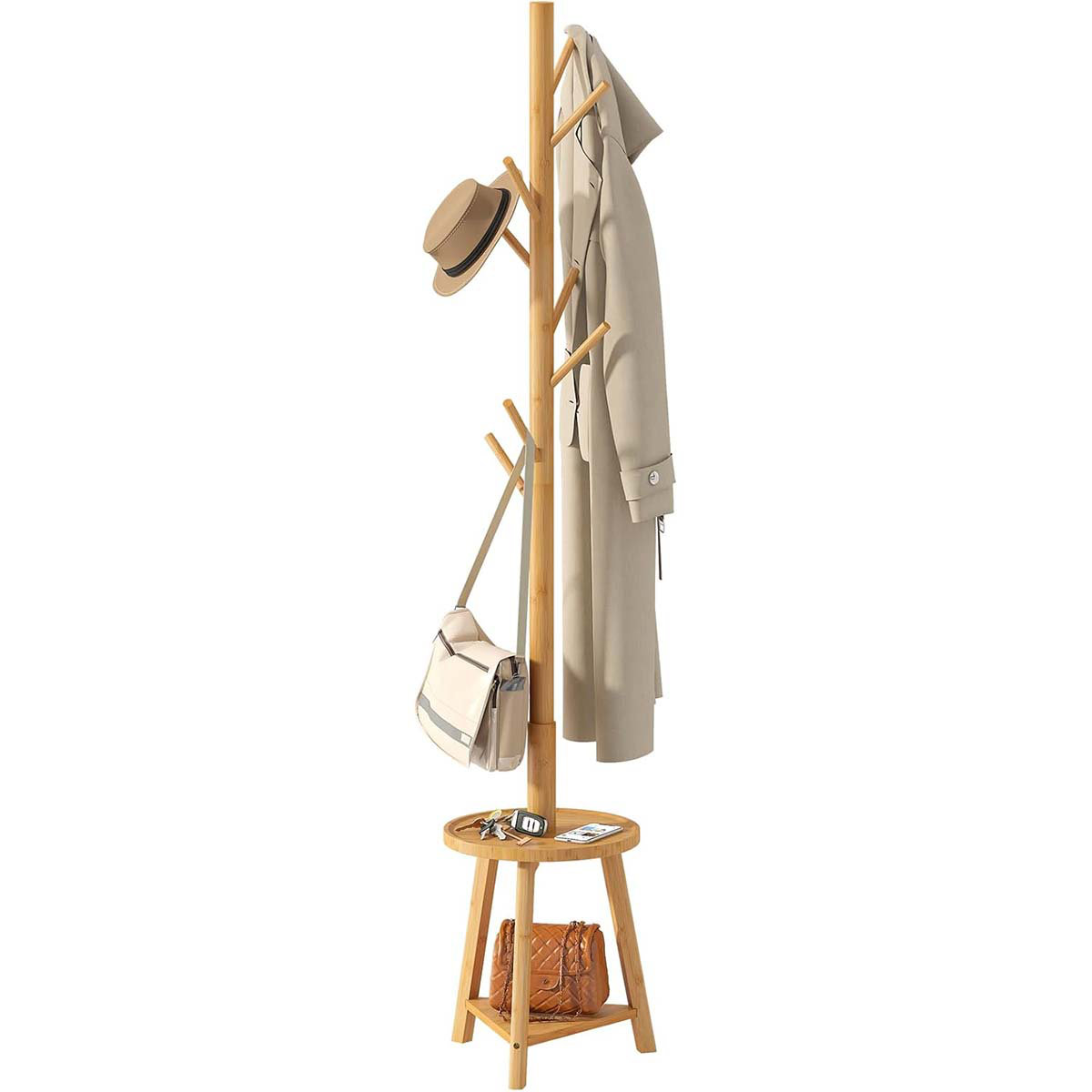 George Oliver Coat Rack Freestanding Stand With 2 Shelves Bamboo Wooden ...