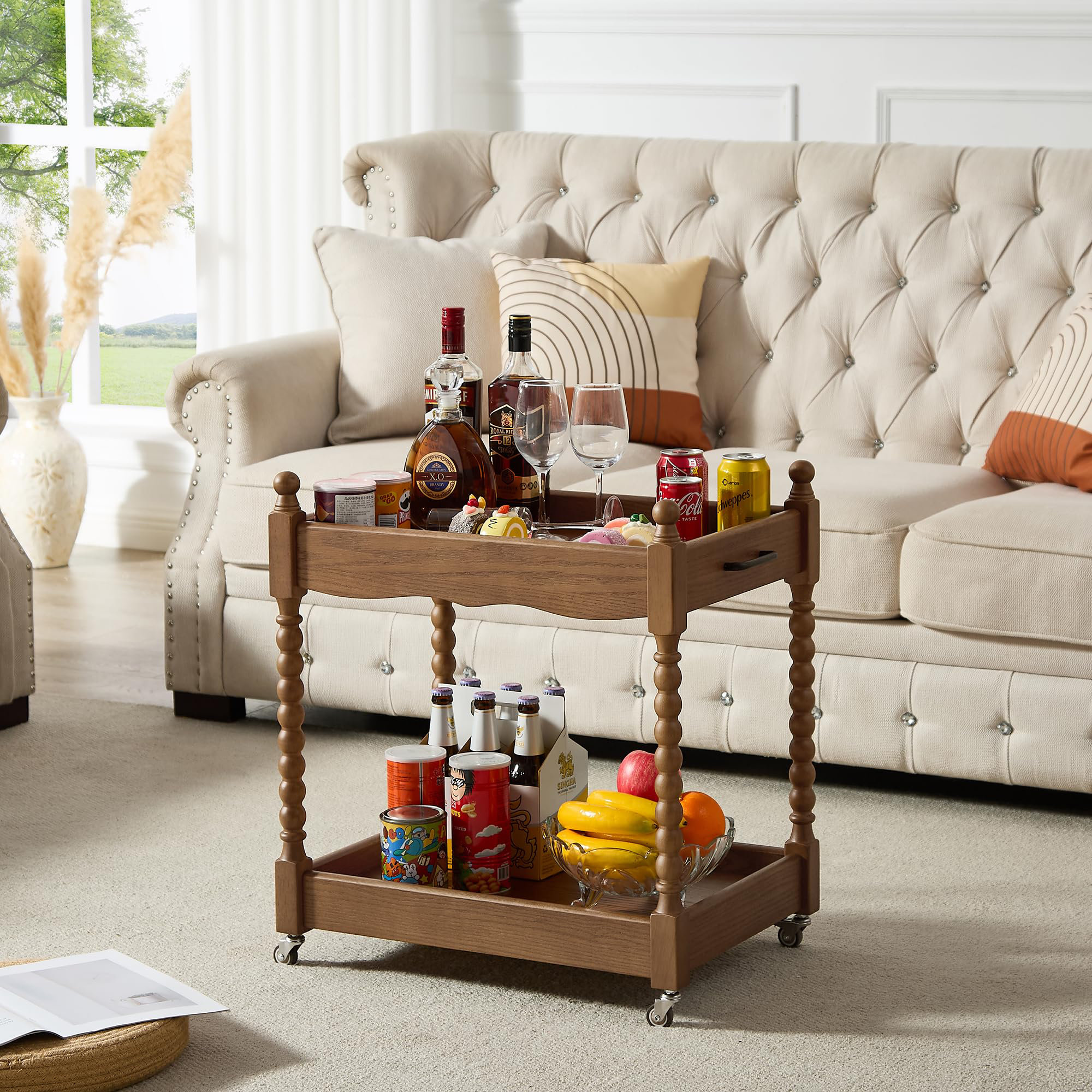 Ebern Designs Mid-Century Solid Ash Wood Trolley With 360° Wheels - 2 ...