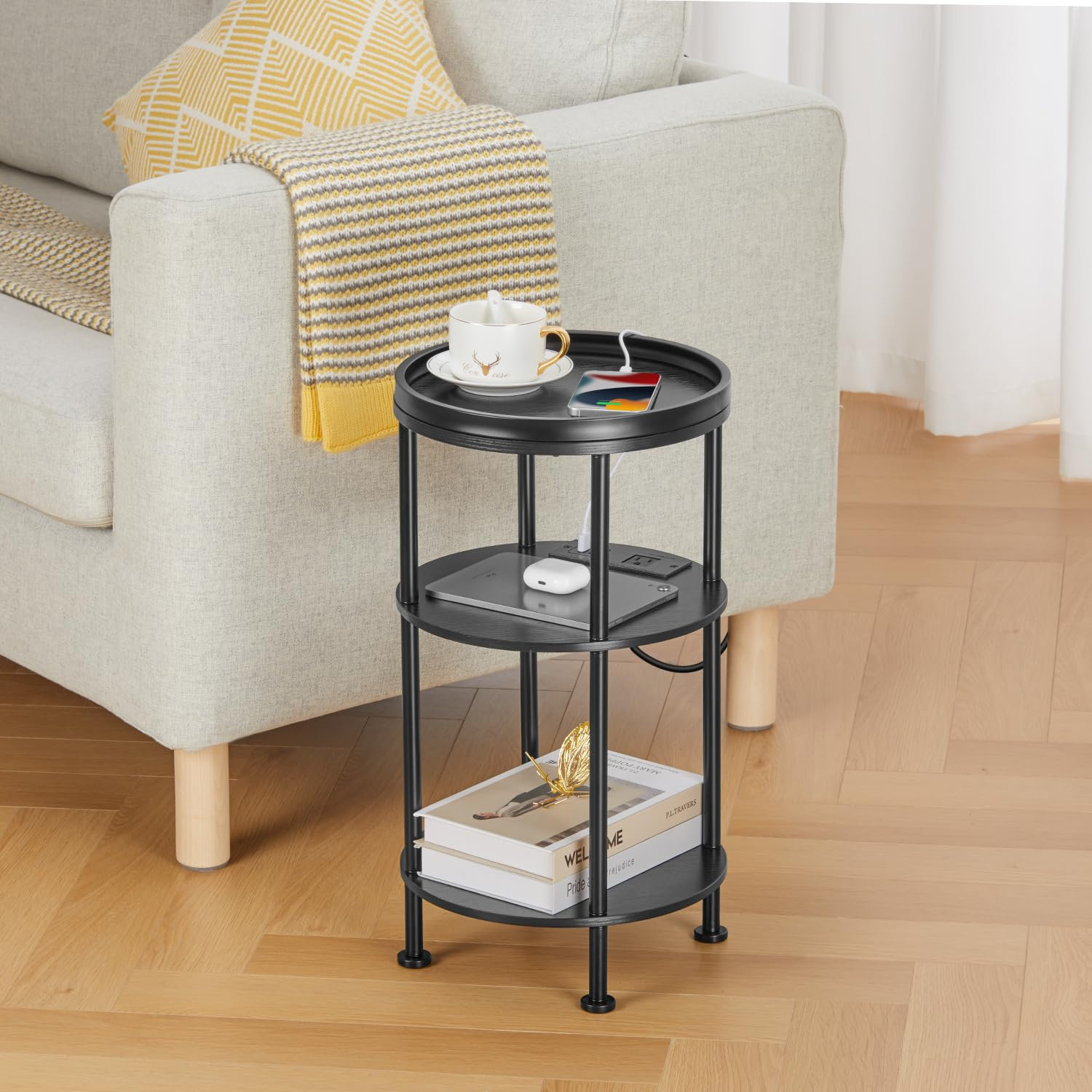 Latitude Run® Black Round Accent Table - 3-Tier Charging Side Table ...