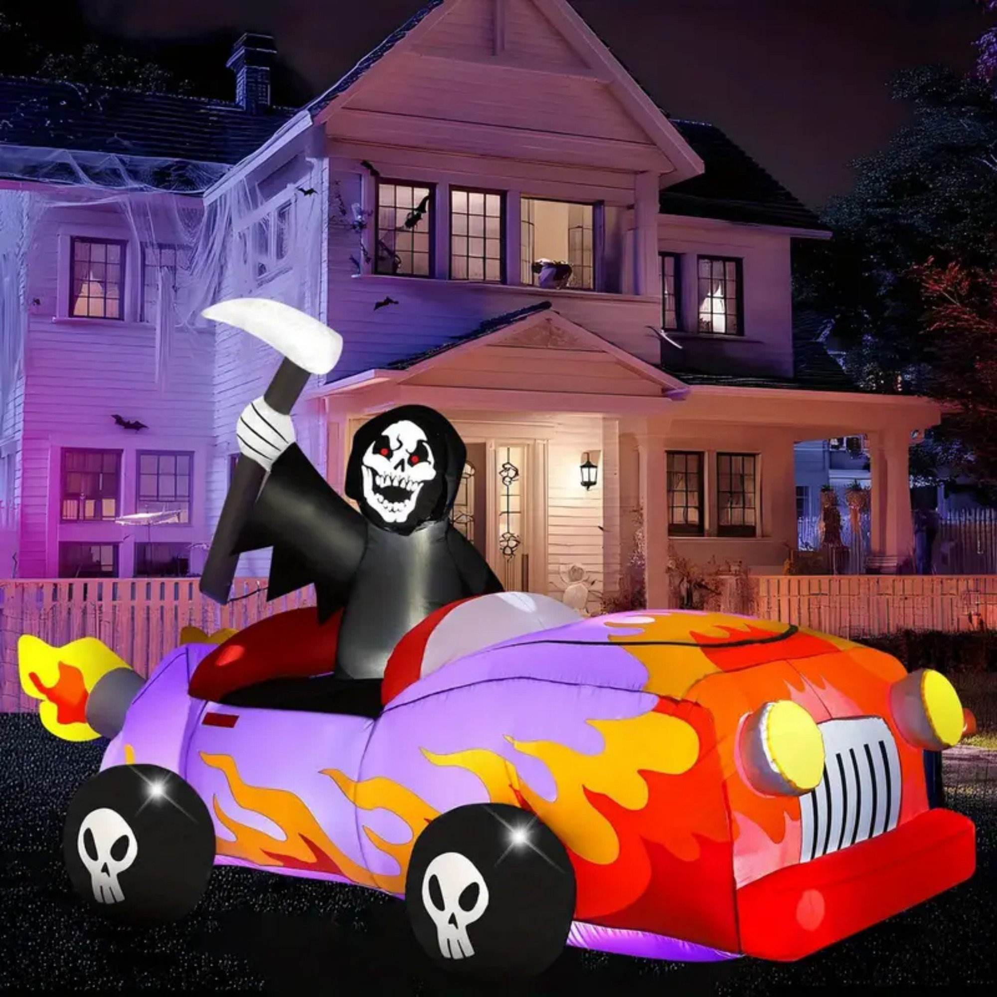 The Holiday Aisle® 8Ft Long Halloween Inflatable Grim Reaper Driving ...