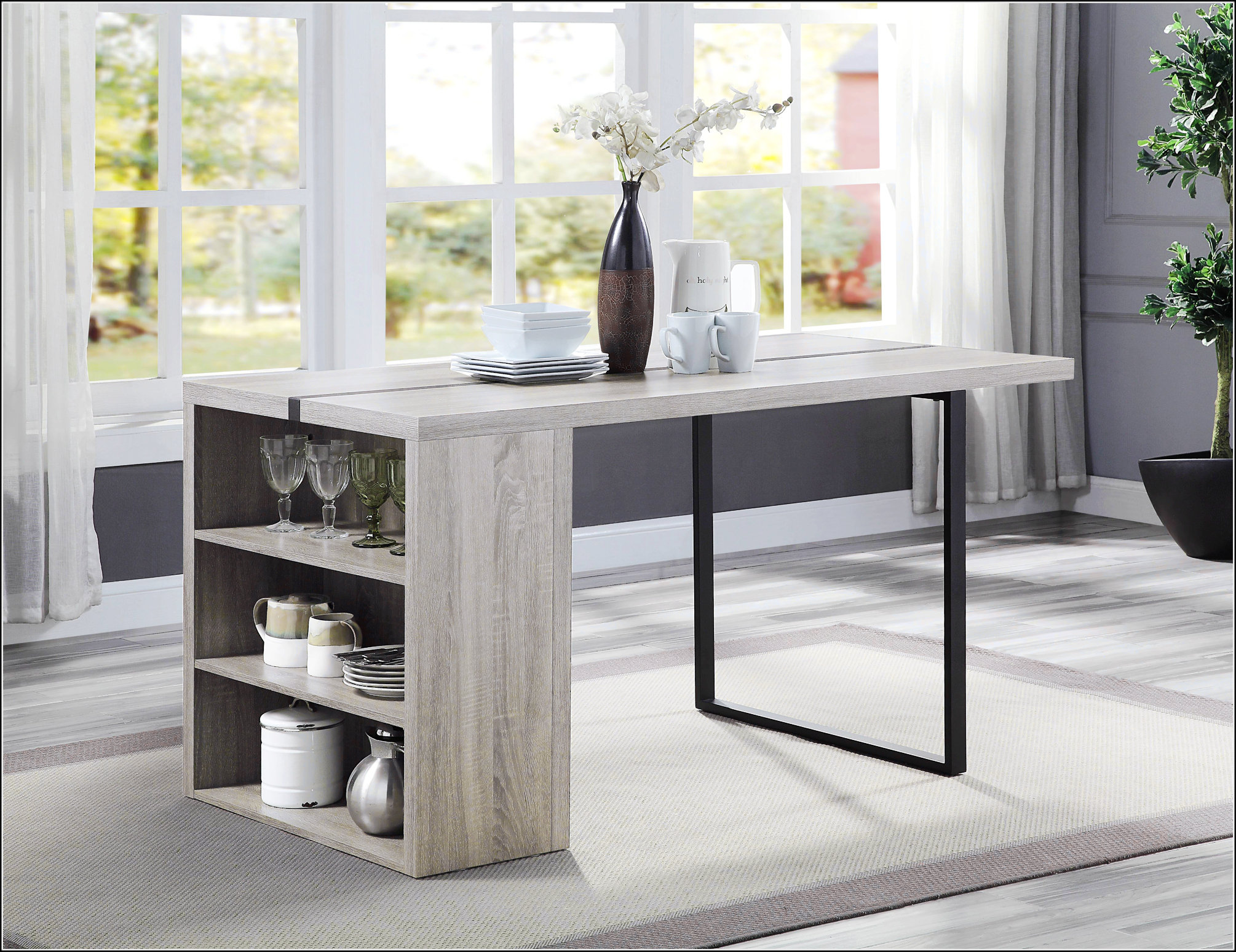 Ebern Designs Grey Oak And Black 2- Shelf Dining Table | Wayfair