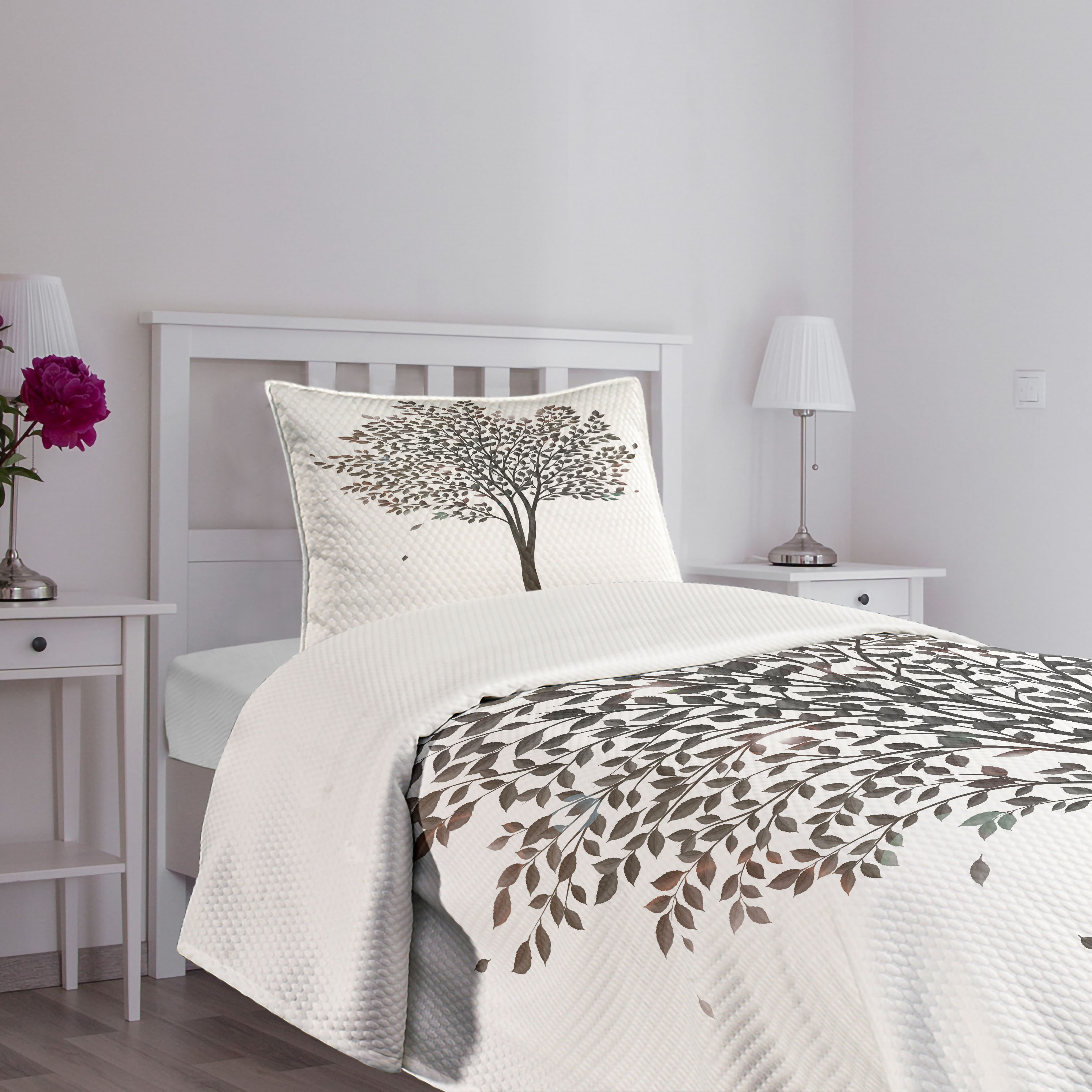 Ambesonne Nature Bedspread Set Fall Leaves Solititude Brown White | Wayfair
