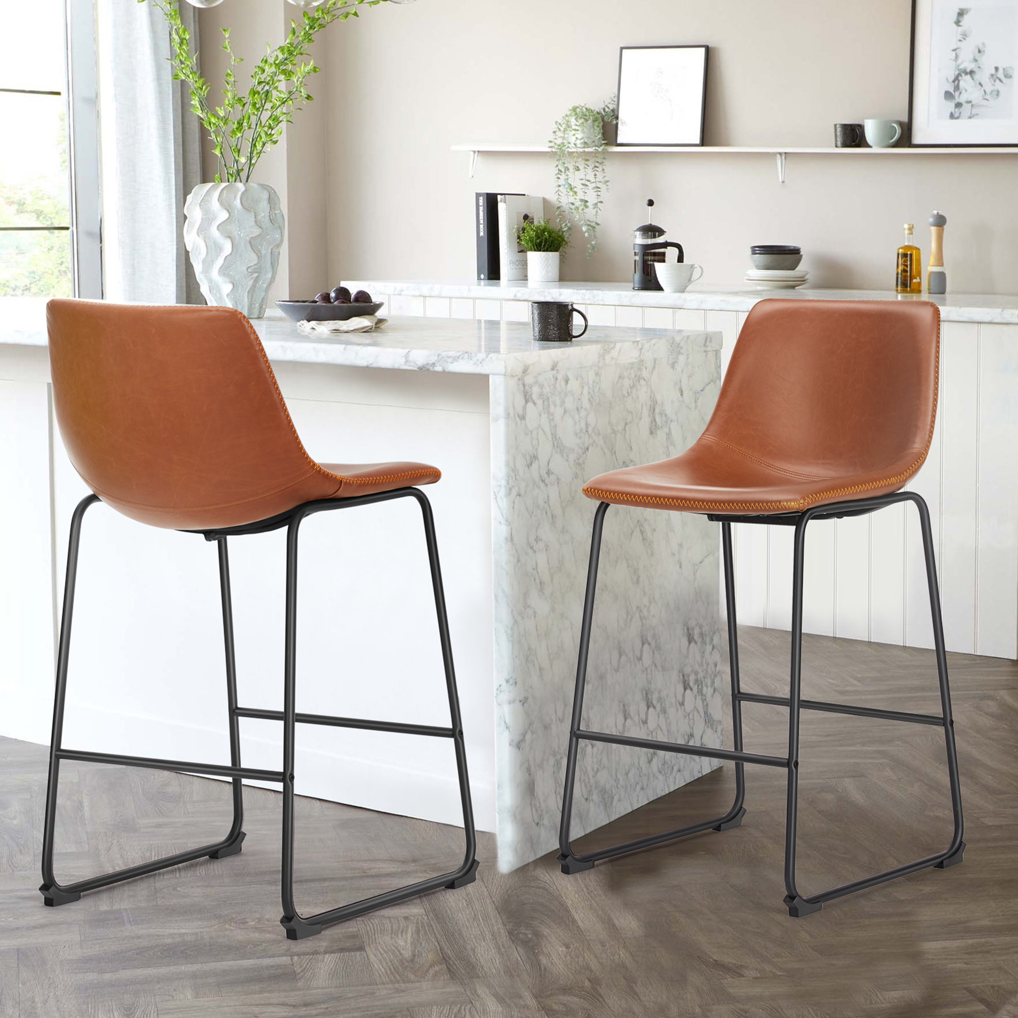 17 Stories Set of 2 Leather Barstool with Metal Leg Modern Bar Stools ...