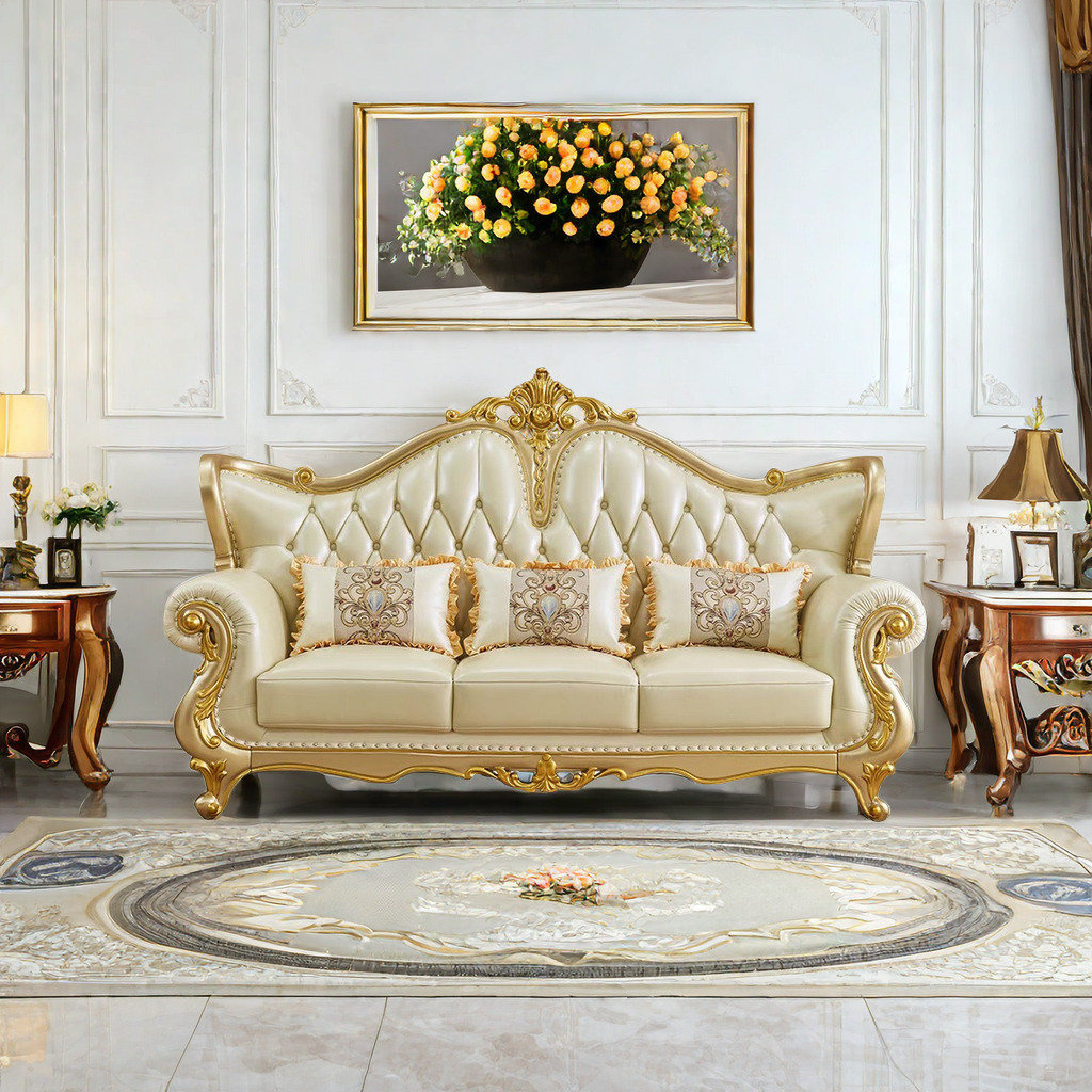 FURNITURE LEISURE, INC. European Real Cowhide Sofa Solid Wood Senior ...