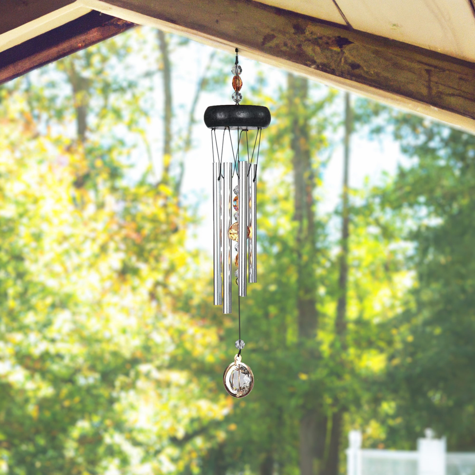 Arlmont & Co. Reylin 15" Long Orange Wooden Top Gem Wind Chime | Wayfair