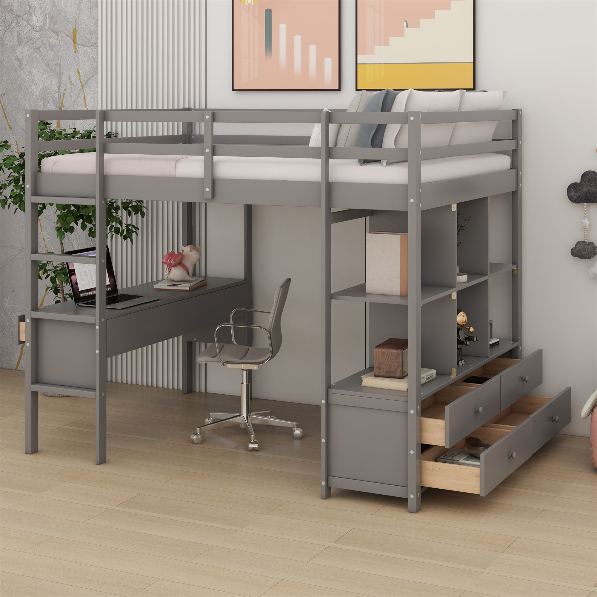 Harriet Bee Leda Kids Full Loft Bed with Drawers | Wayfair