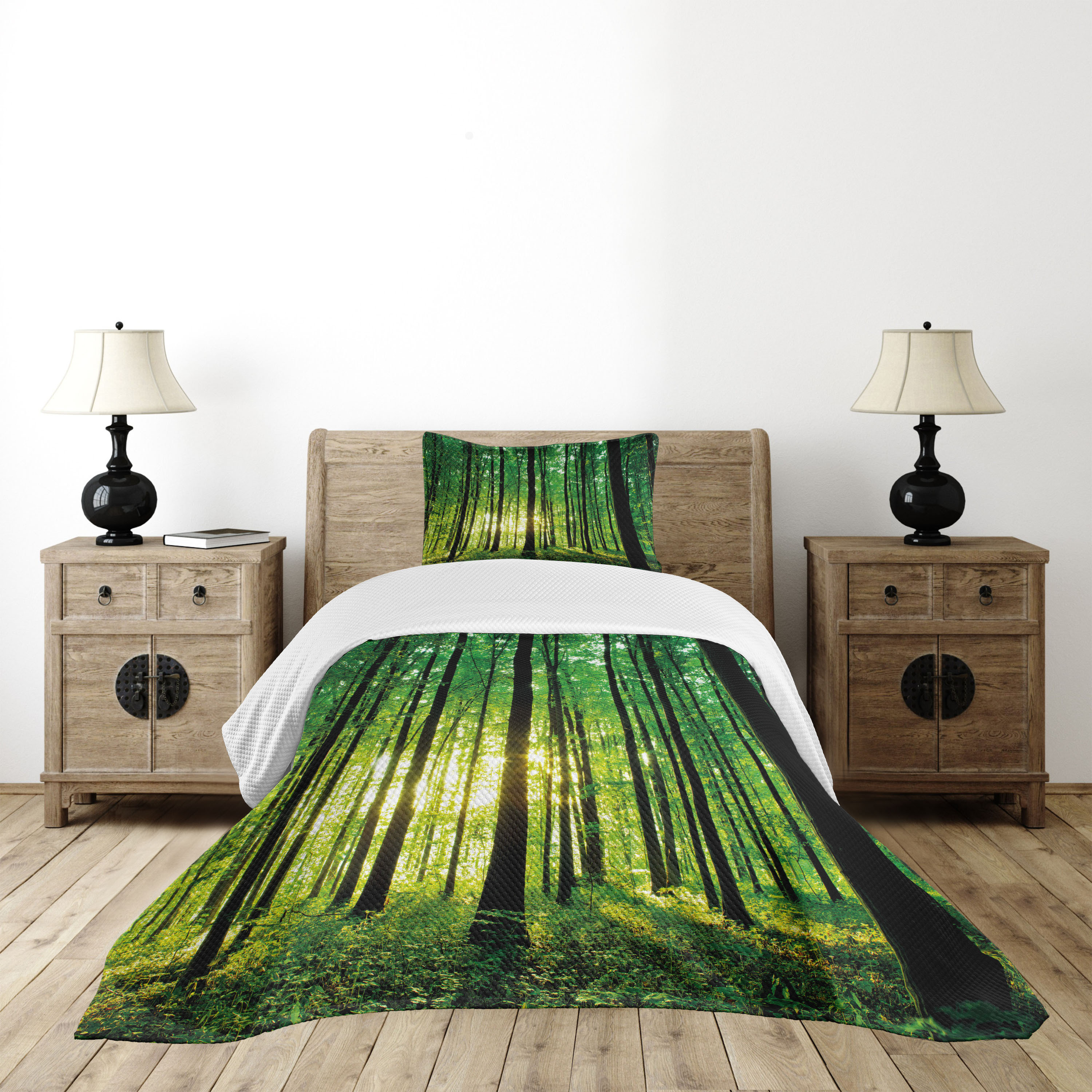Ambesonne Forest Bedspread Set Green Woodland Sunrise Green Black ...