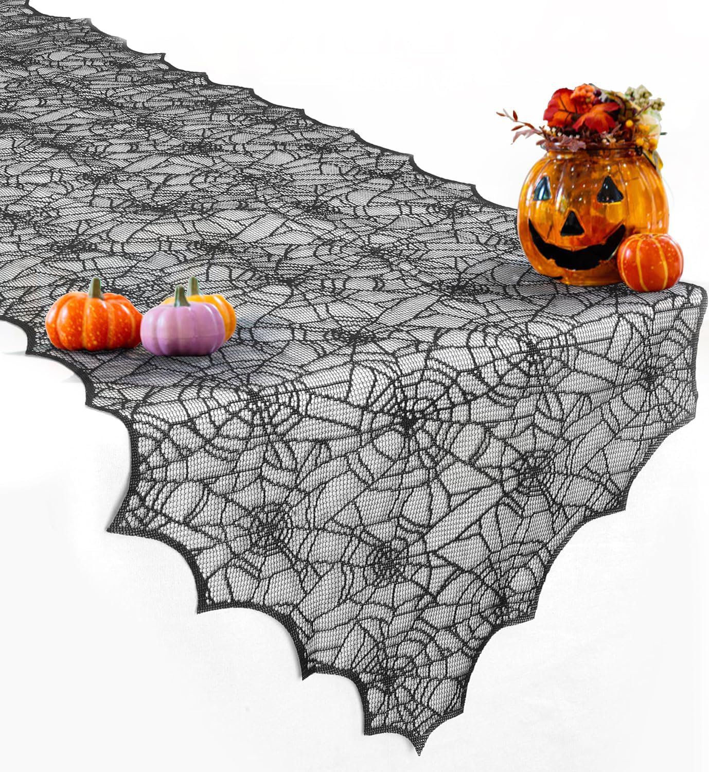 The Holiday Aisle® Halloween Table Runner, Black Lace Spider Web Table ...