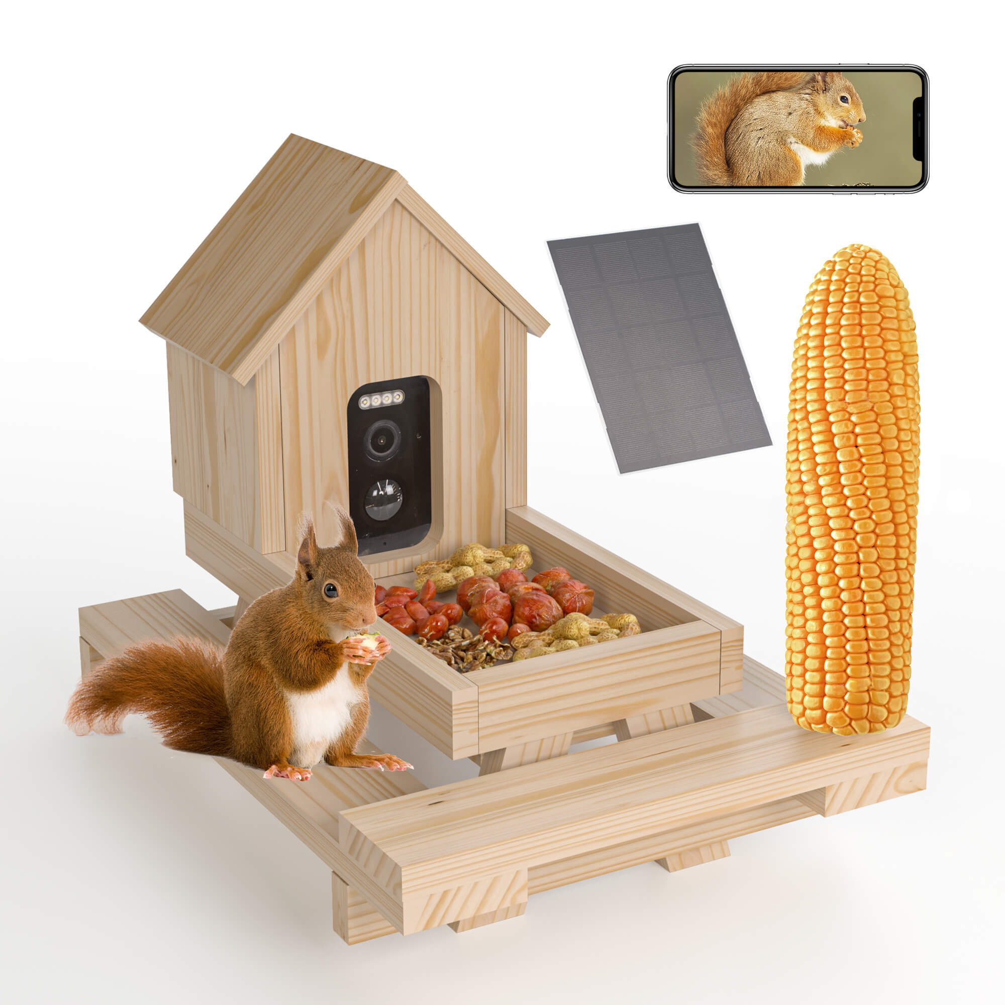 Arlmont & Co. Wooden Squirrel Feeder With Camera, Outdoor Picnic Table ...