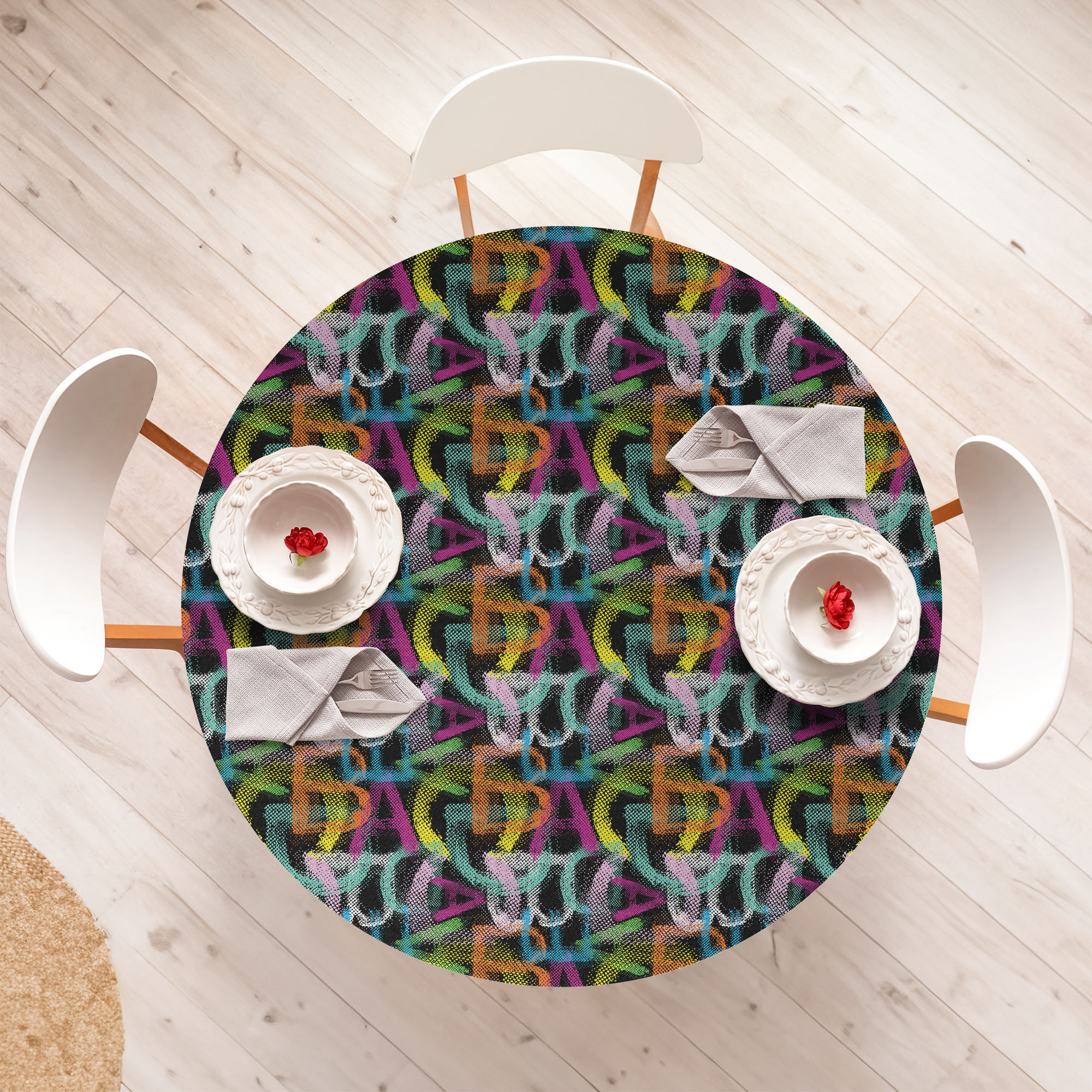 Ebern Designs Graffiti Fitted Round Tablecloth Charcoal Grey Multicolor ...