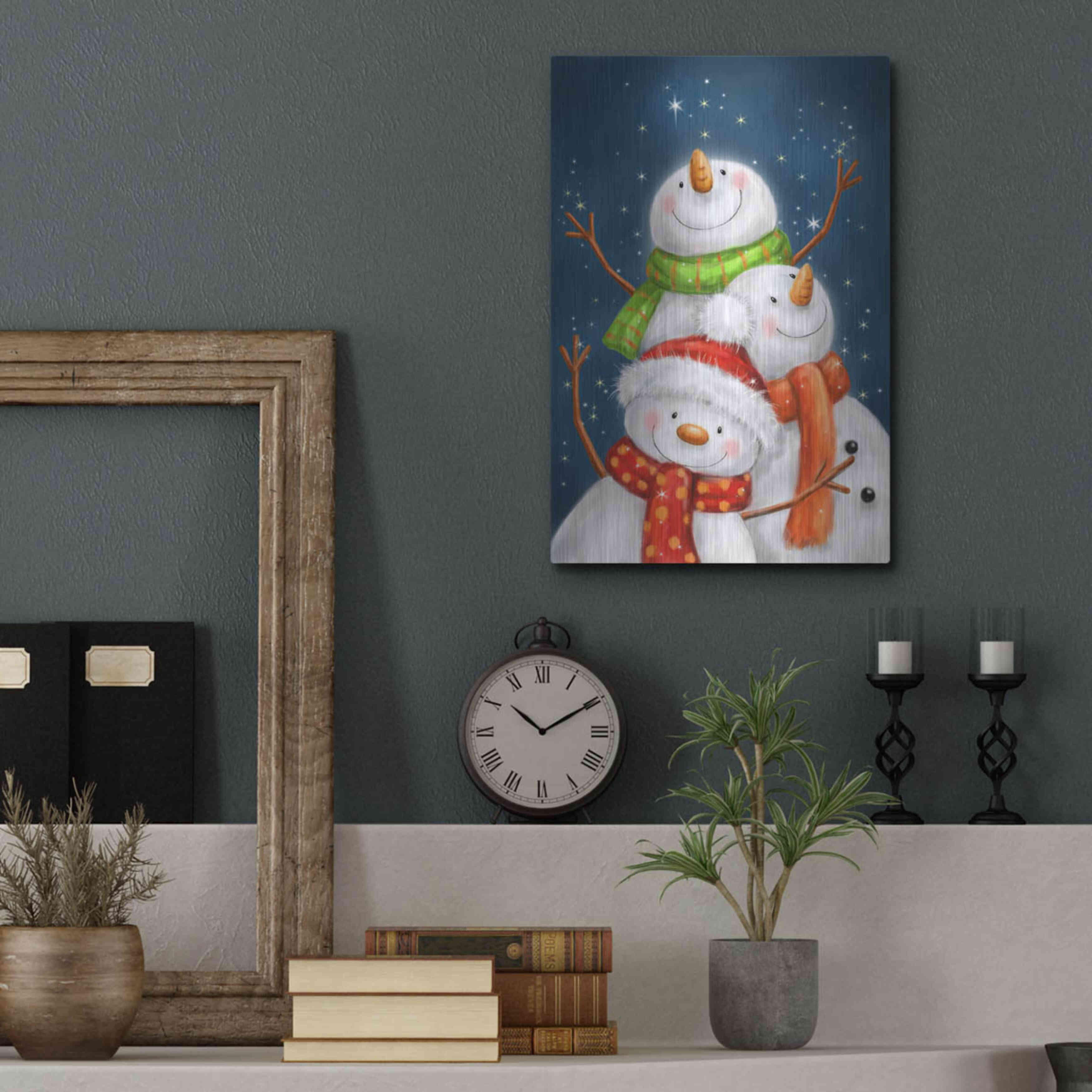 The Holiday Aisle® Three Snowmen Blue Background' by Makiko, Metal Wall ...