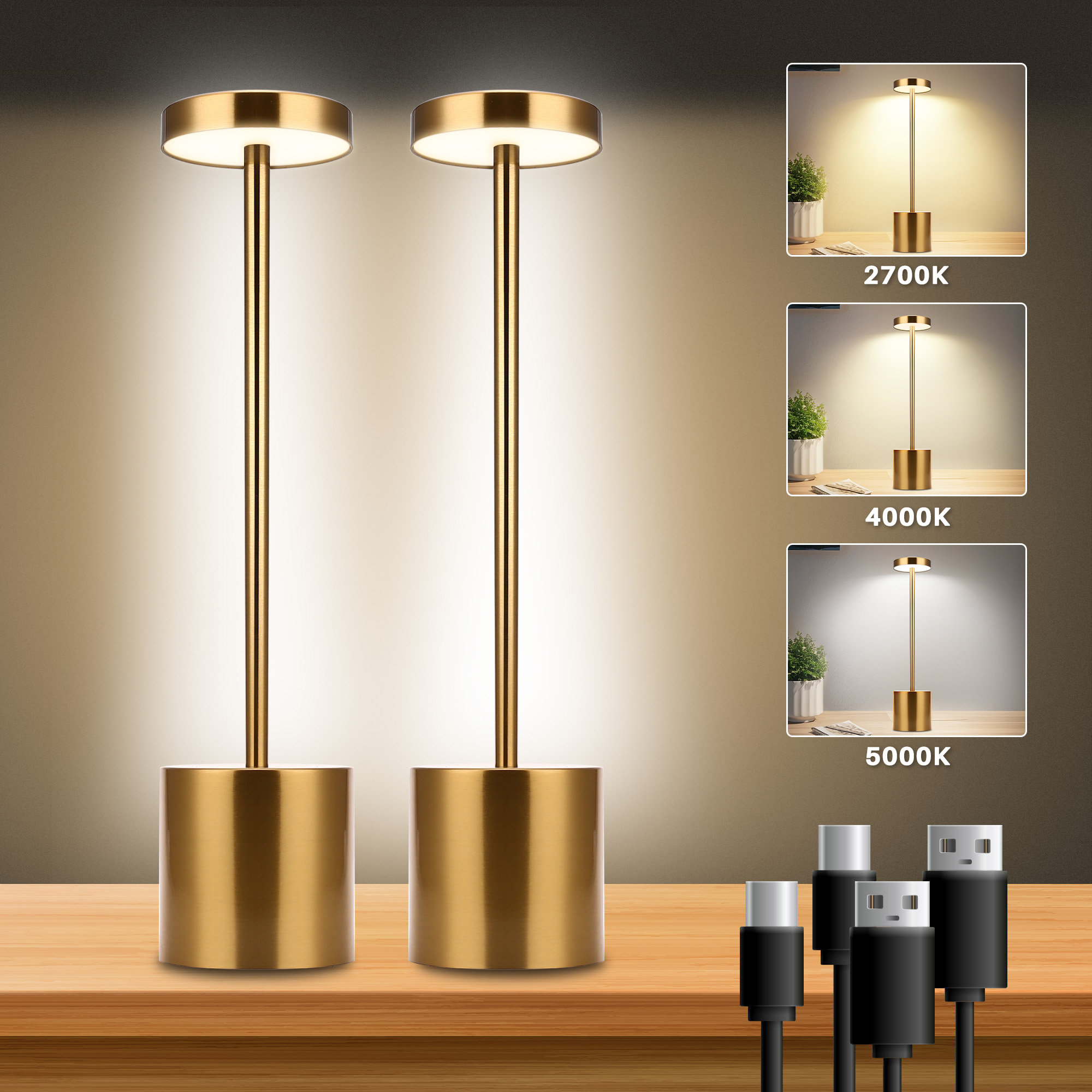 Mercer41 Cordless Table Lamp Touch Rechargeable Desk Lamps 2700K/4000K ...