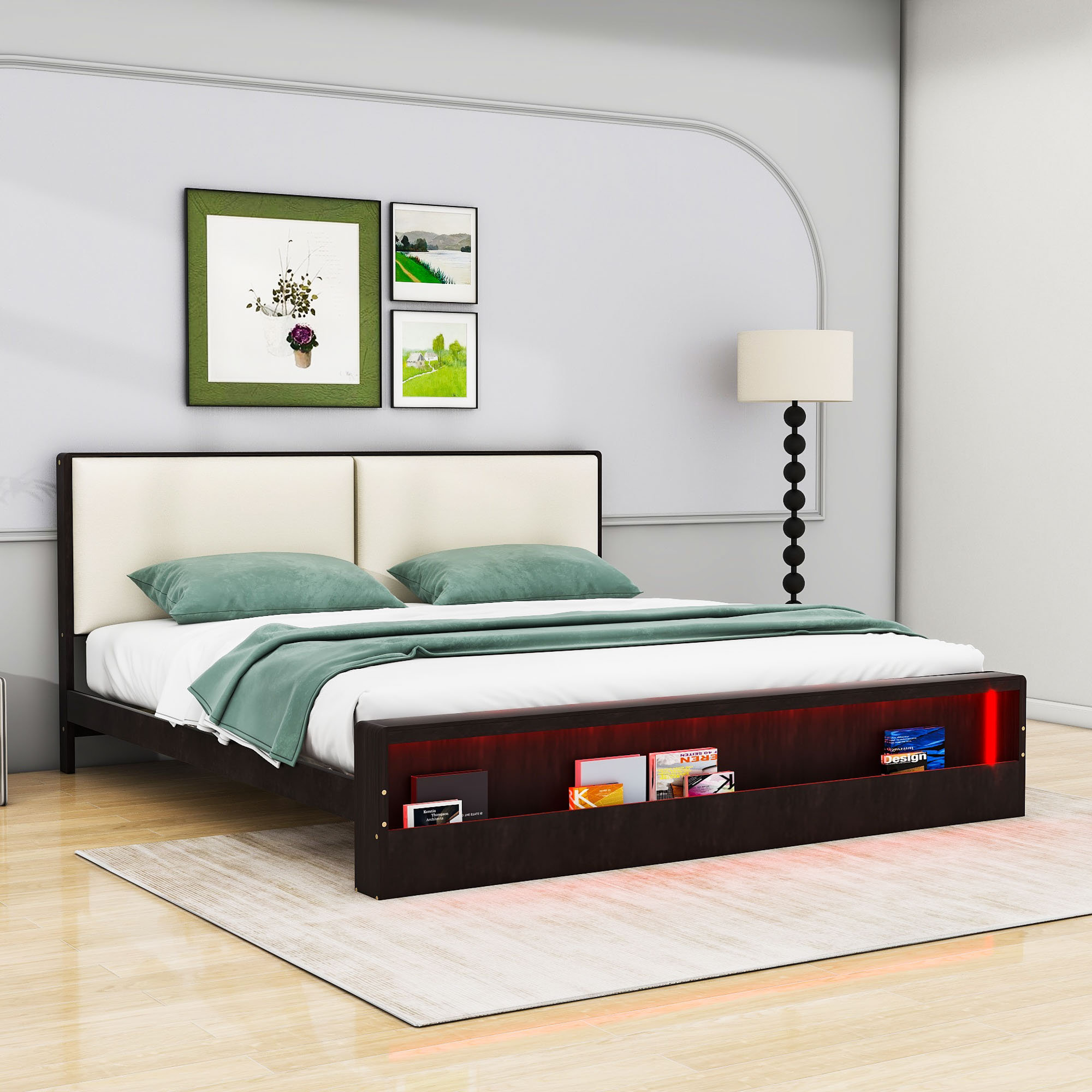 Ivy Bronx Wood Platform Bed Frame with Upholstered Headboard and Built ...