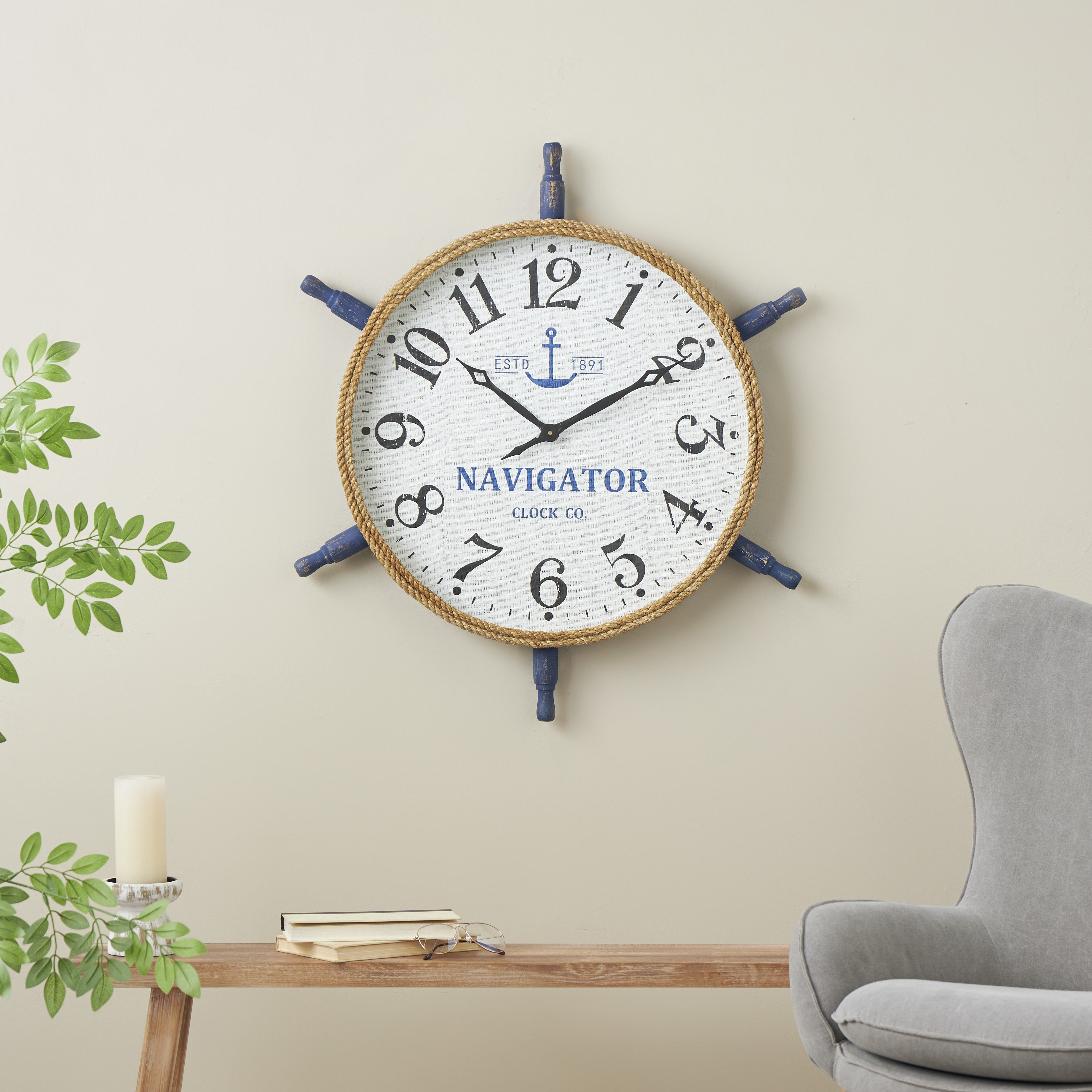 Breakwater Bay Cole And Grey Wood Ship Wheel Wall Clock With Rope Frame ...