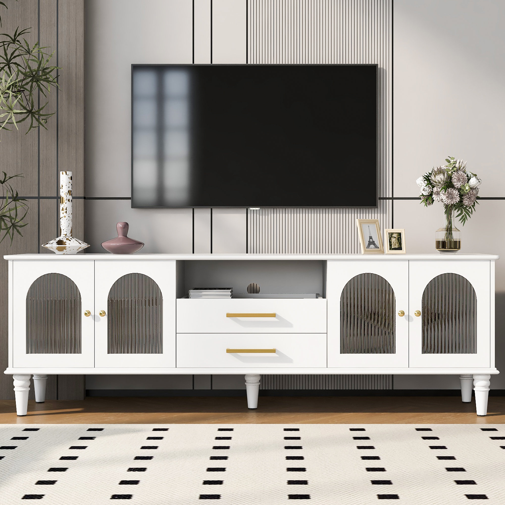 Alcott Hill® Retro Entertainment Center Media Console with Fluted Glass ...