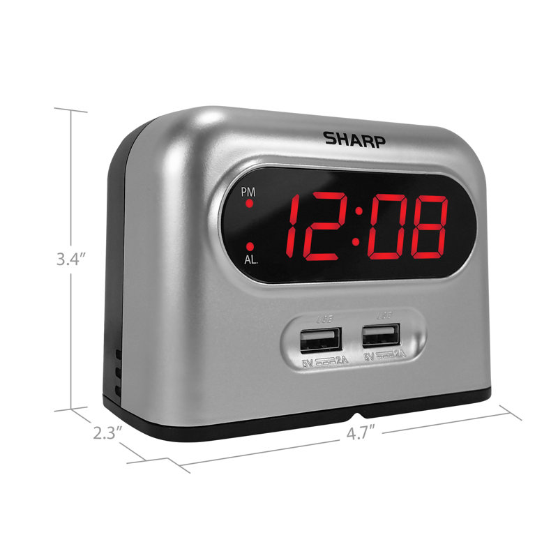 Sharp Digital Electric Alarm Clock with 2 FastCharge USB Ports, Silver ...